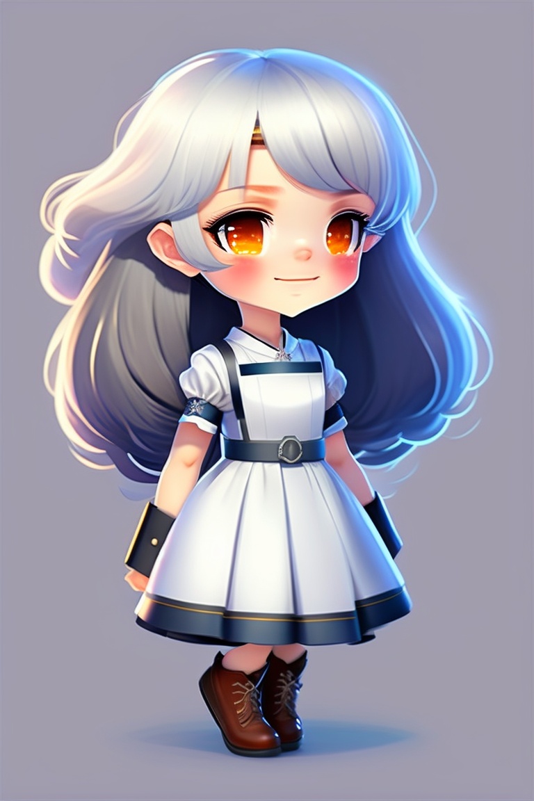 Lexica - Chibi Girl with Bright Grey Hair, Beaming Smiles, and white dress