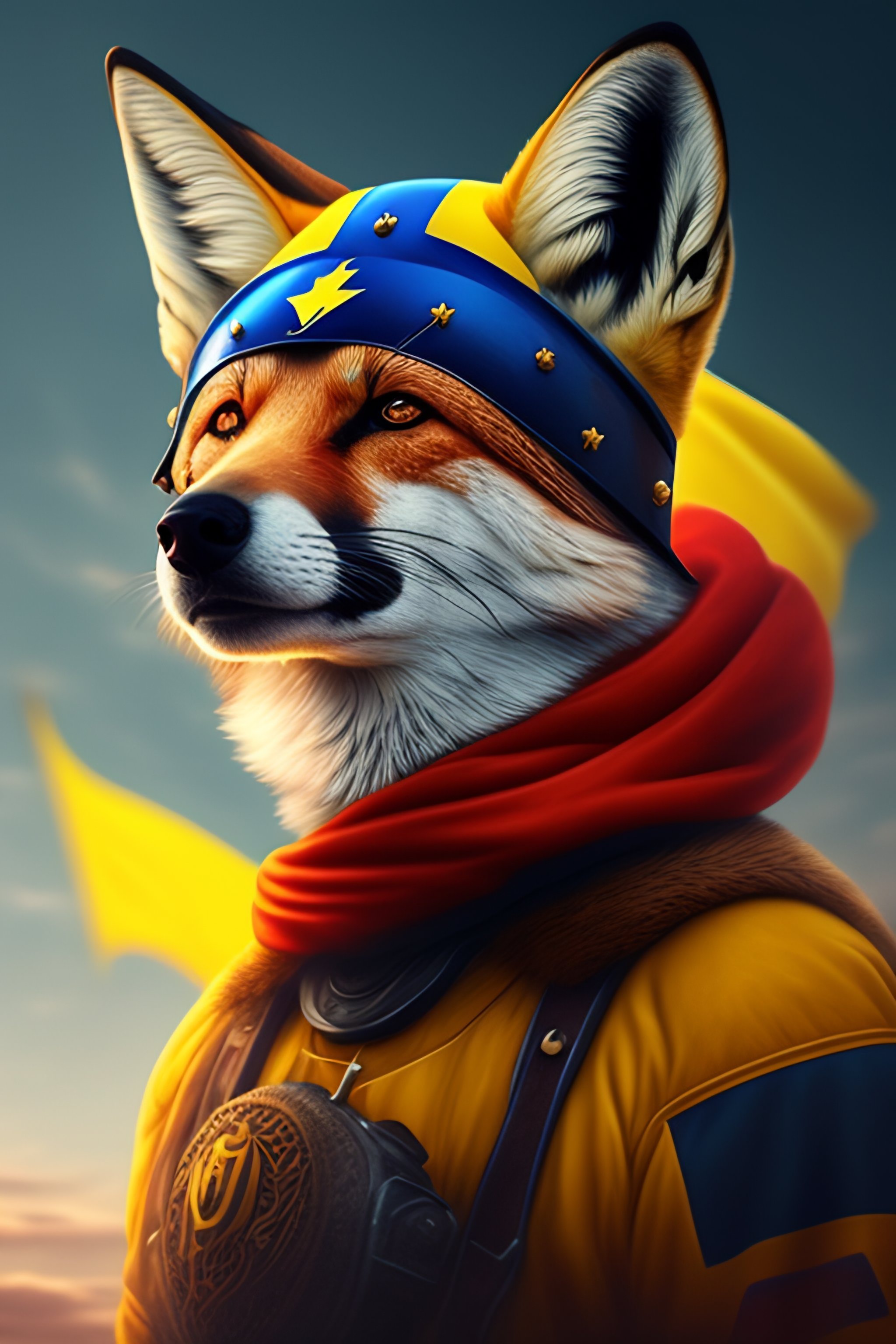 Lexica - Warrior, helmet, Ukrainian flag, victory, fox