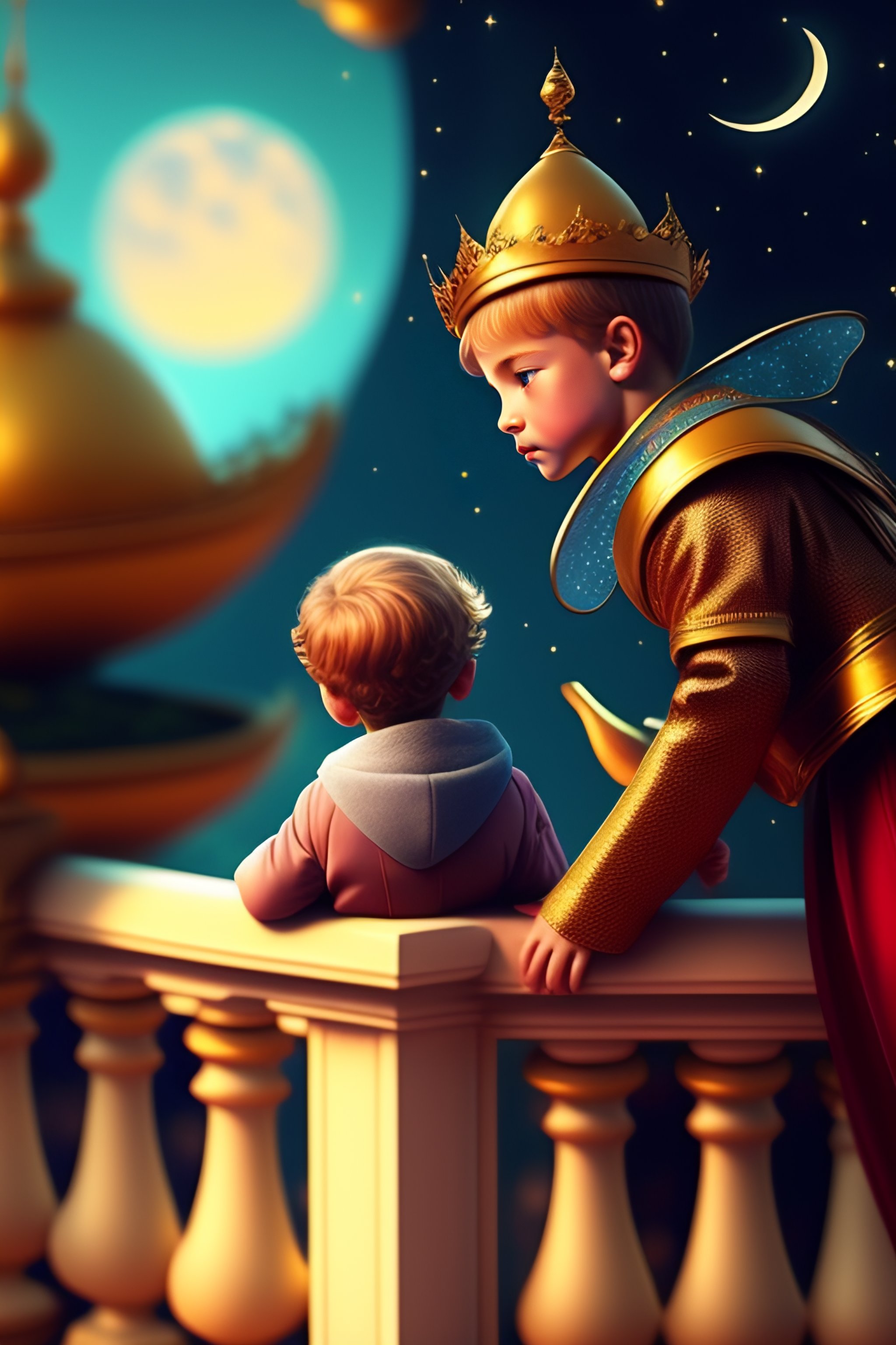 Lexica - Little prince on the balcony of his palace talking to a ...
