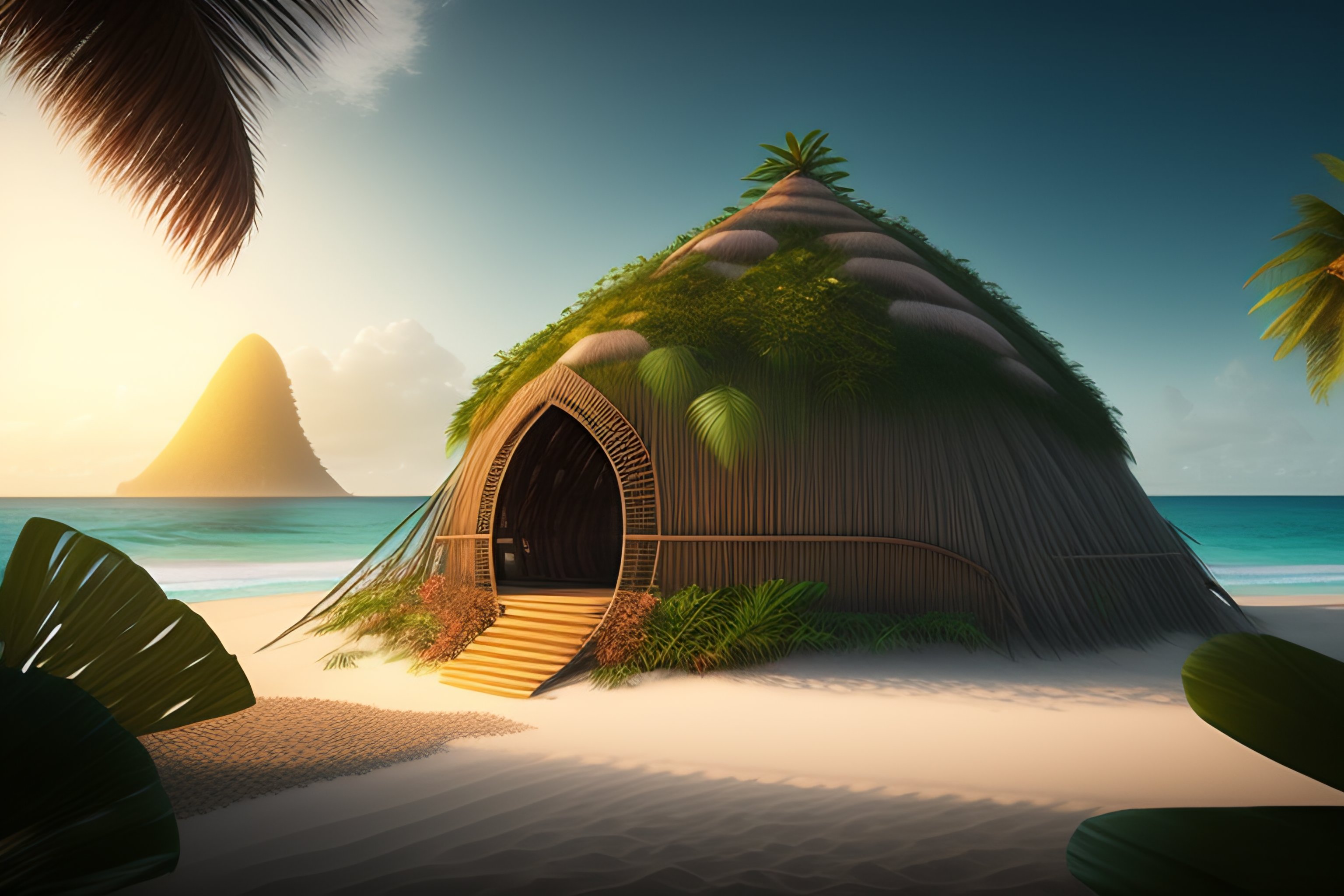 Lexica - Giant hut bamboo on tropical island beach yucca giant shells ...