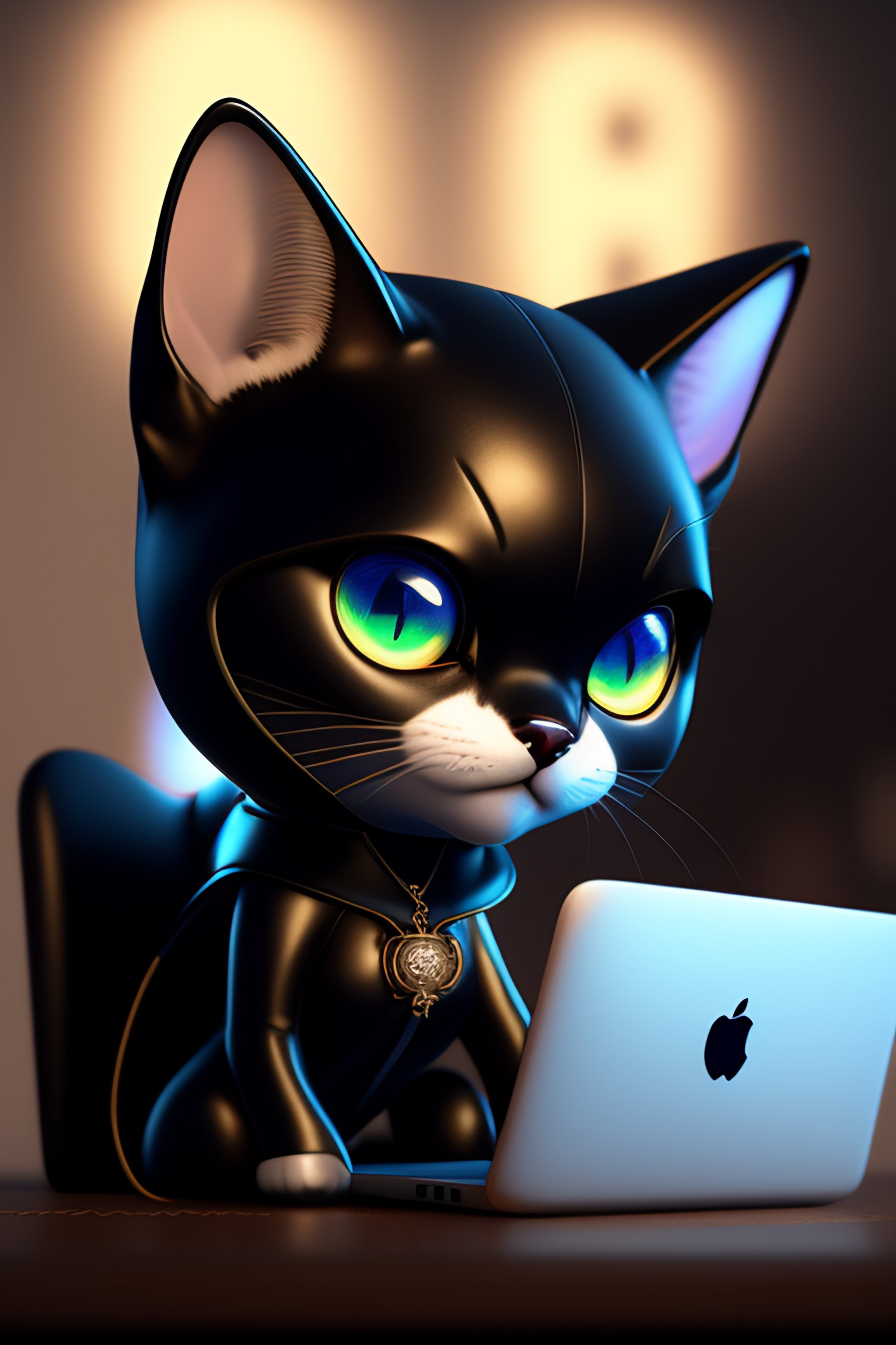 Lexica - Cute small humanoid catwoman sitting in front of laptop ...