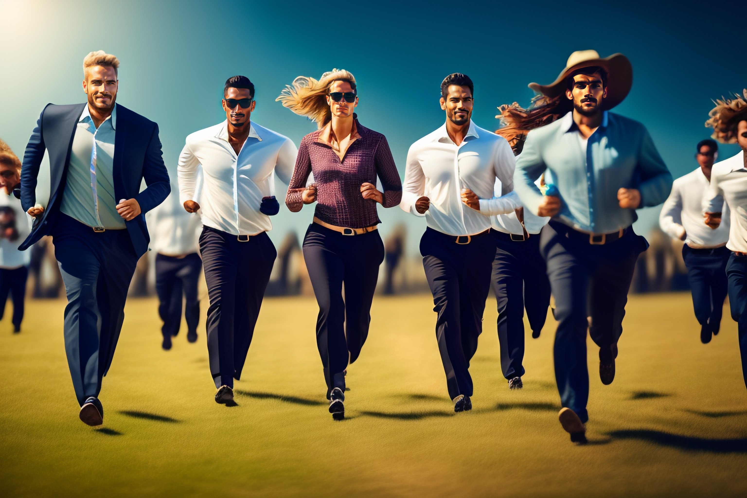 Lexica - Background full of men and wome chasing, front view, grass ...