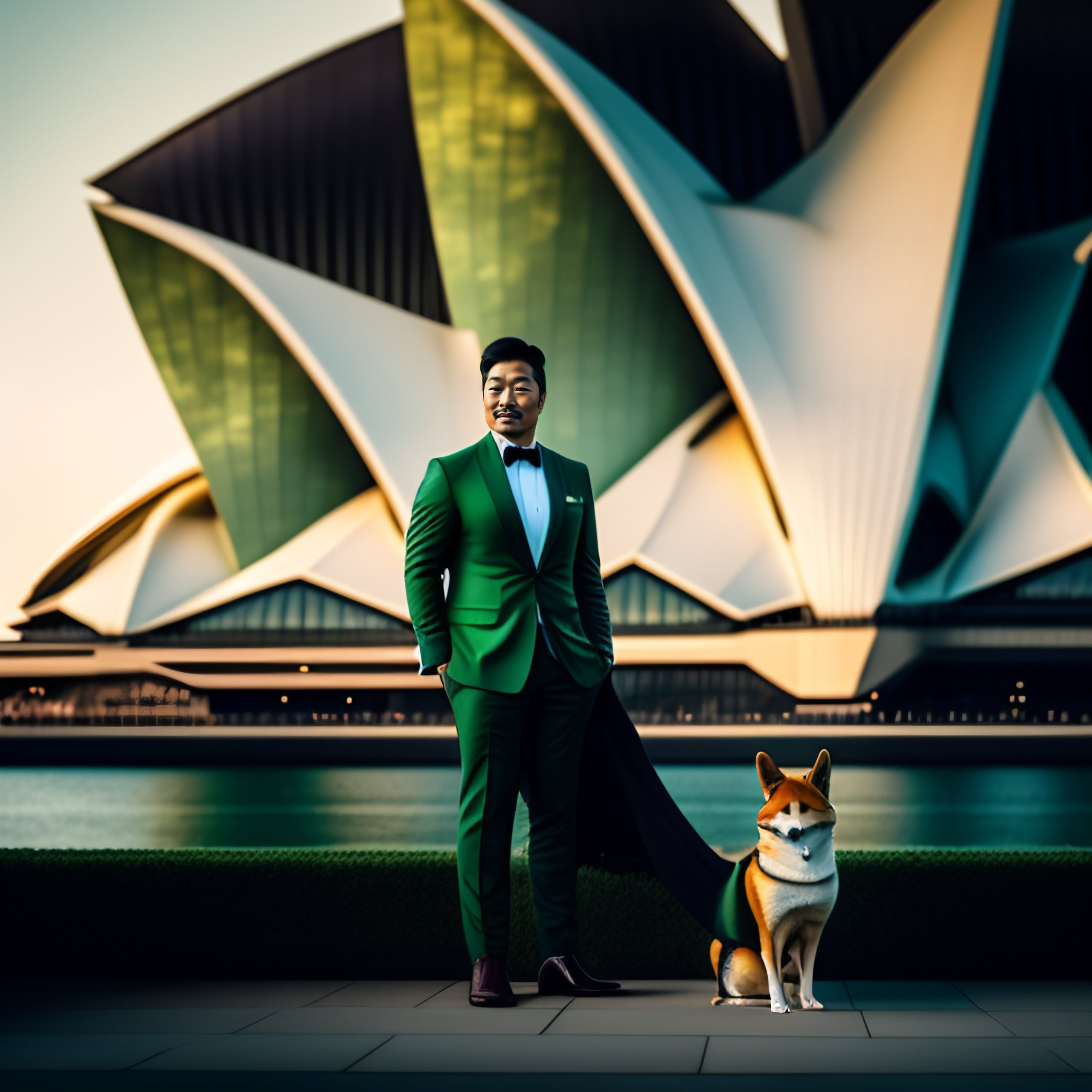 Lexica - Medium Shot of a standing shiba inu dressed in a fancy green ...
