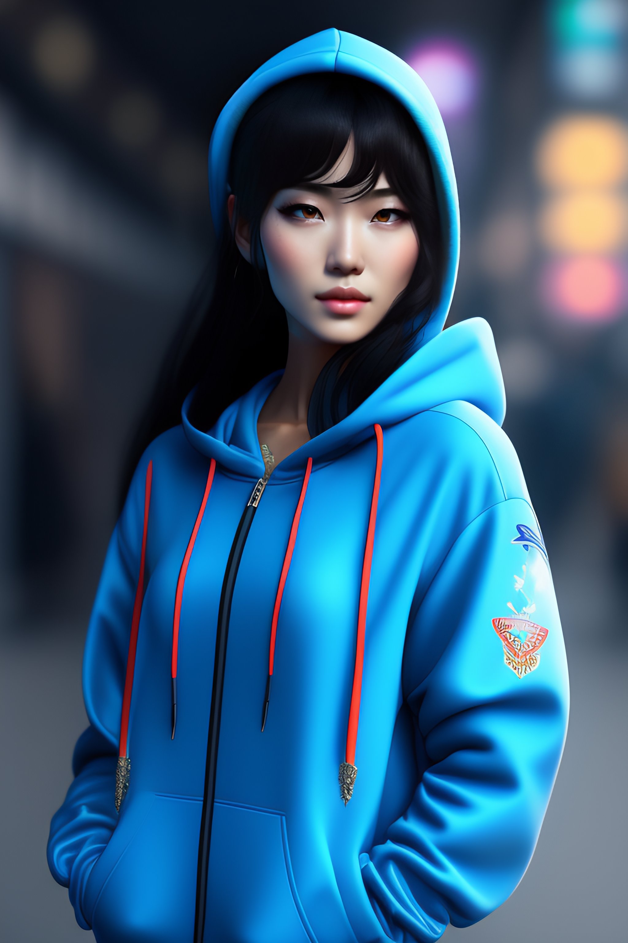 Lexica Anime Girl Wearing A Blue Hoodie That Has Long Black Hair With Bangs Near Her Eyes And