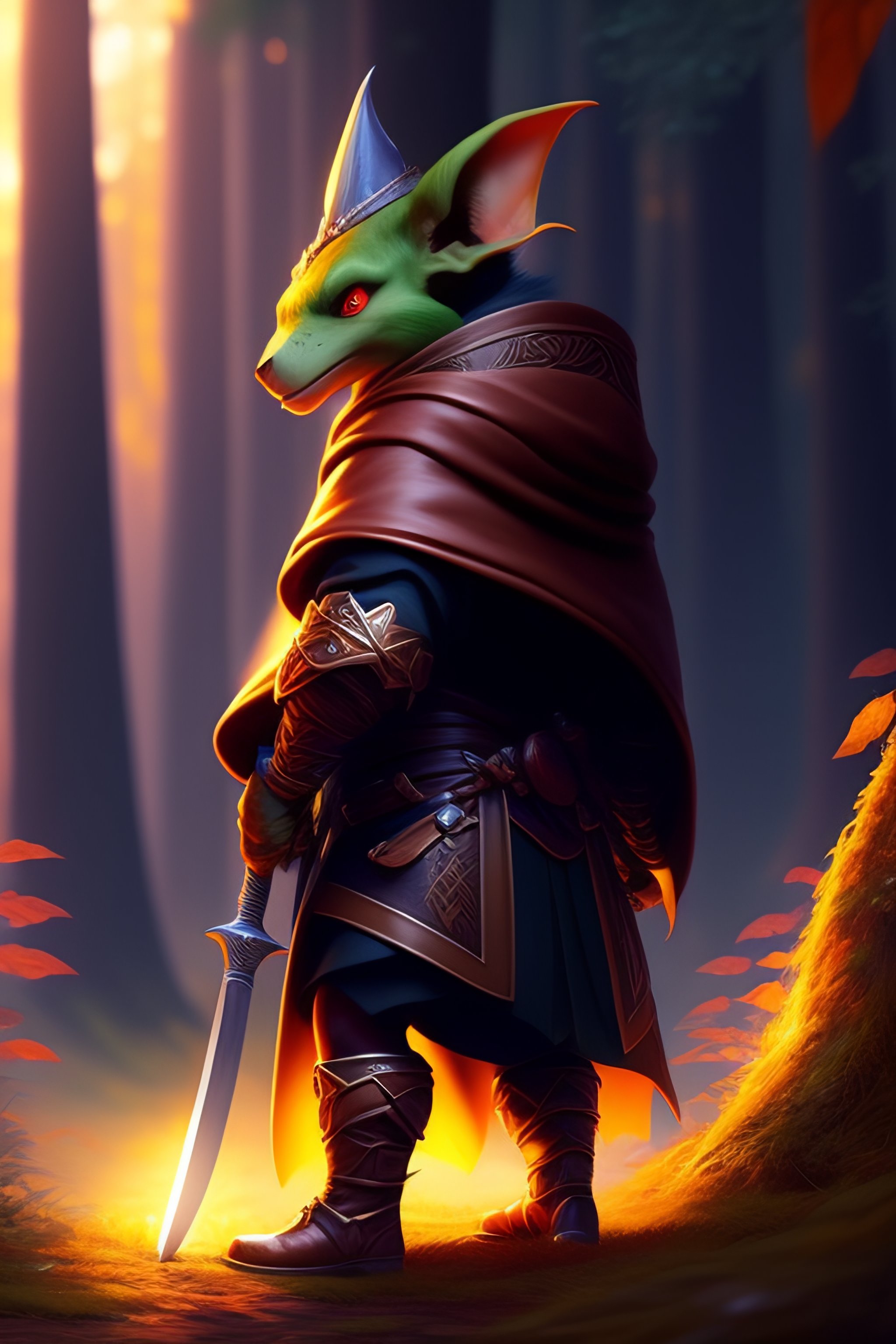 Lexica - Frontside of goblin holding sword wearing a brown cloak in a ...