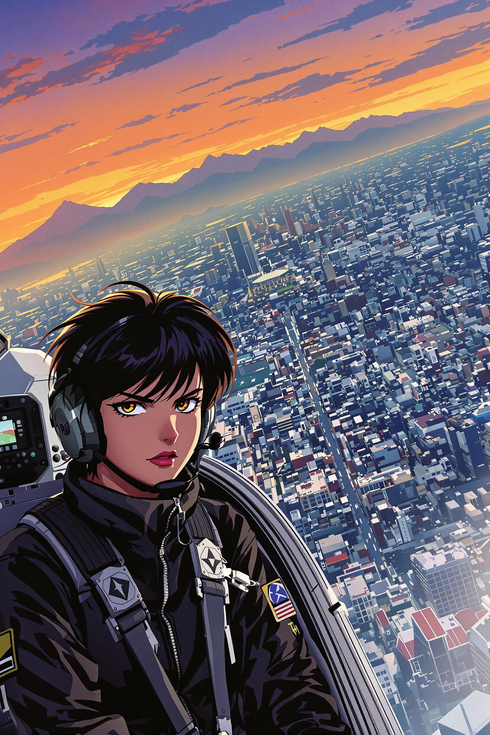 Lexica - 90's anime screenshot of piloting a jet plane, she has a black ...