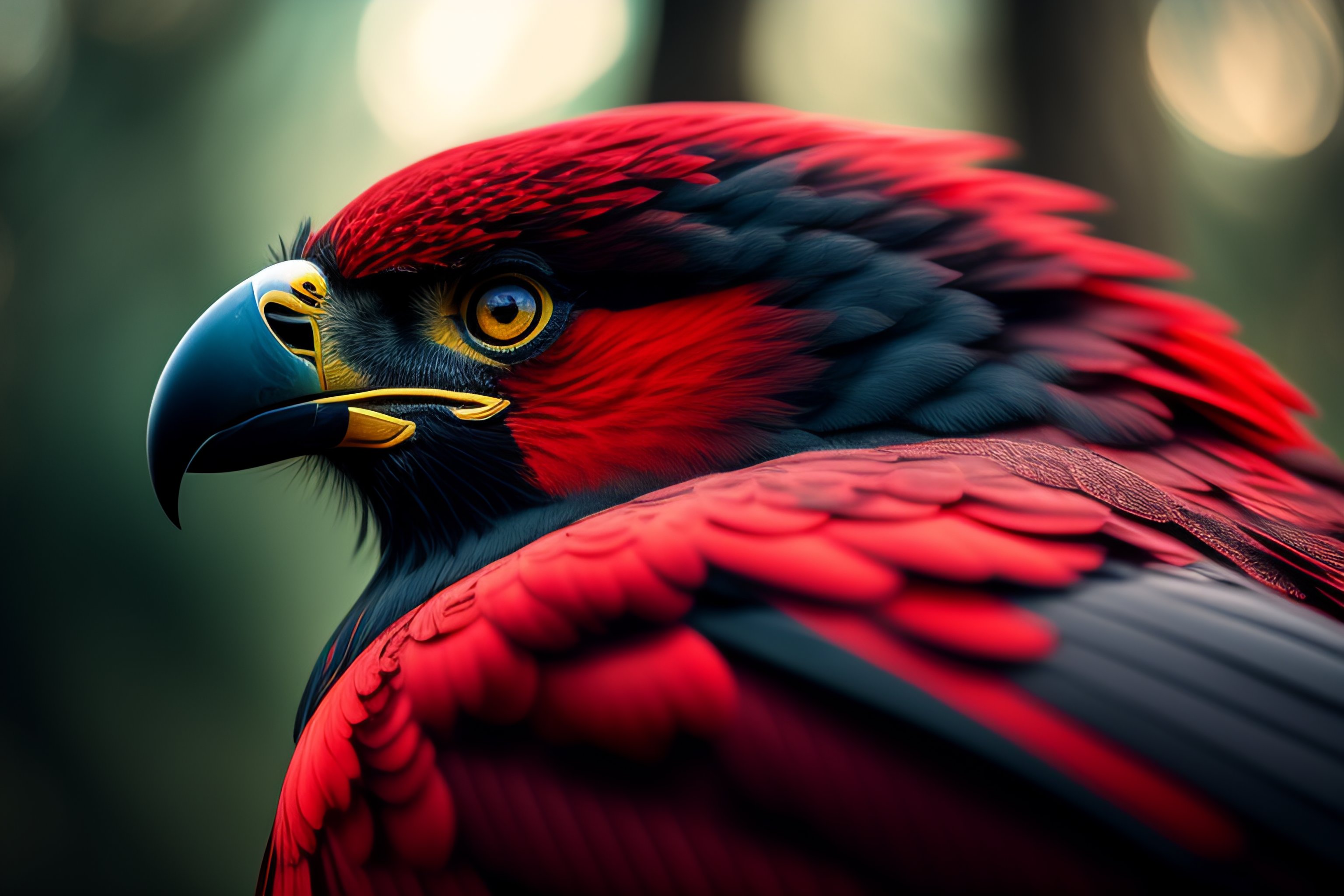 Lexica - A close-up of a red and black hawk on a tree, highly detailed ...