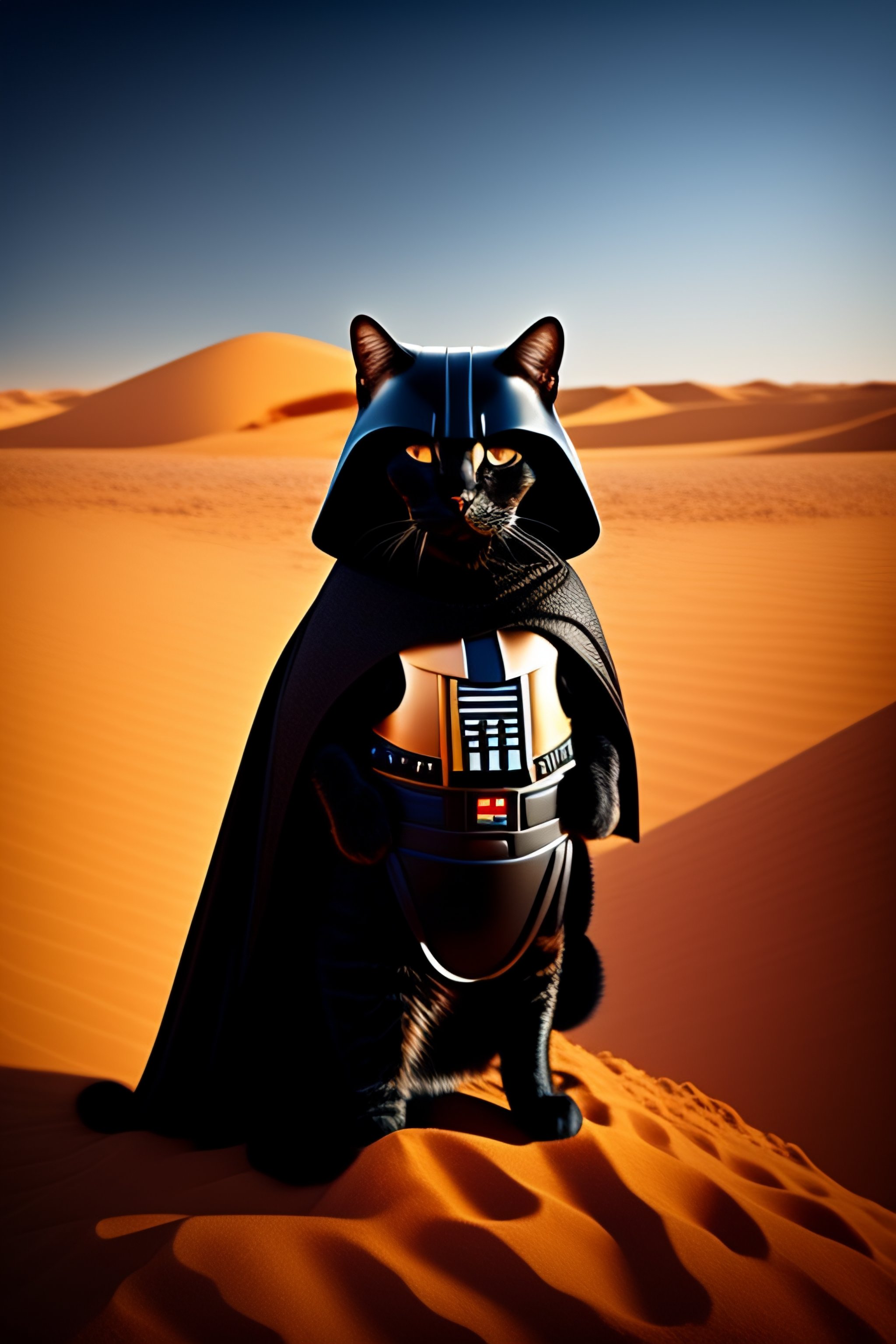 Lexica - Cute cat dressed as Darth Vader on Tatooine, desert world ...