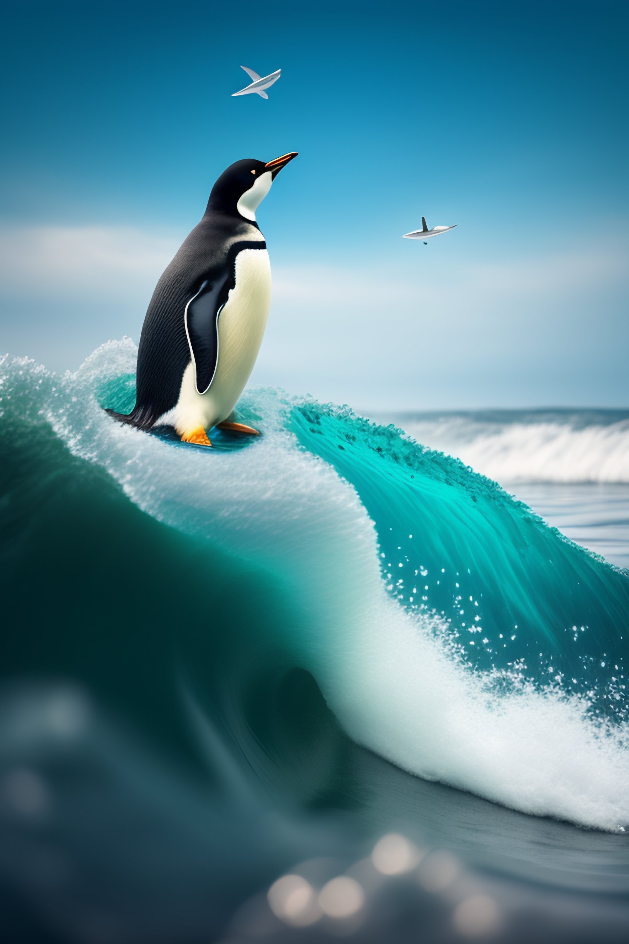 Lexica - Penguin surfing in the sea, realistic, 8k resolution