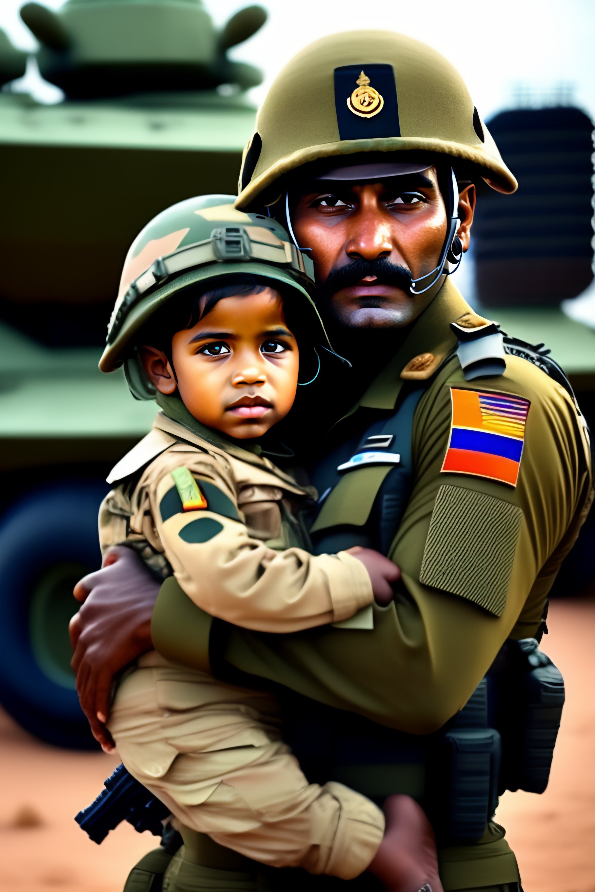 Lexica - Portrait of indian soldier hugging three-year-old son, wife of ...