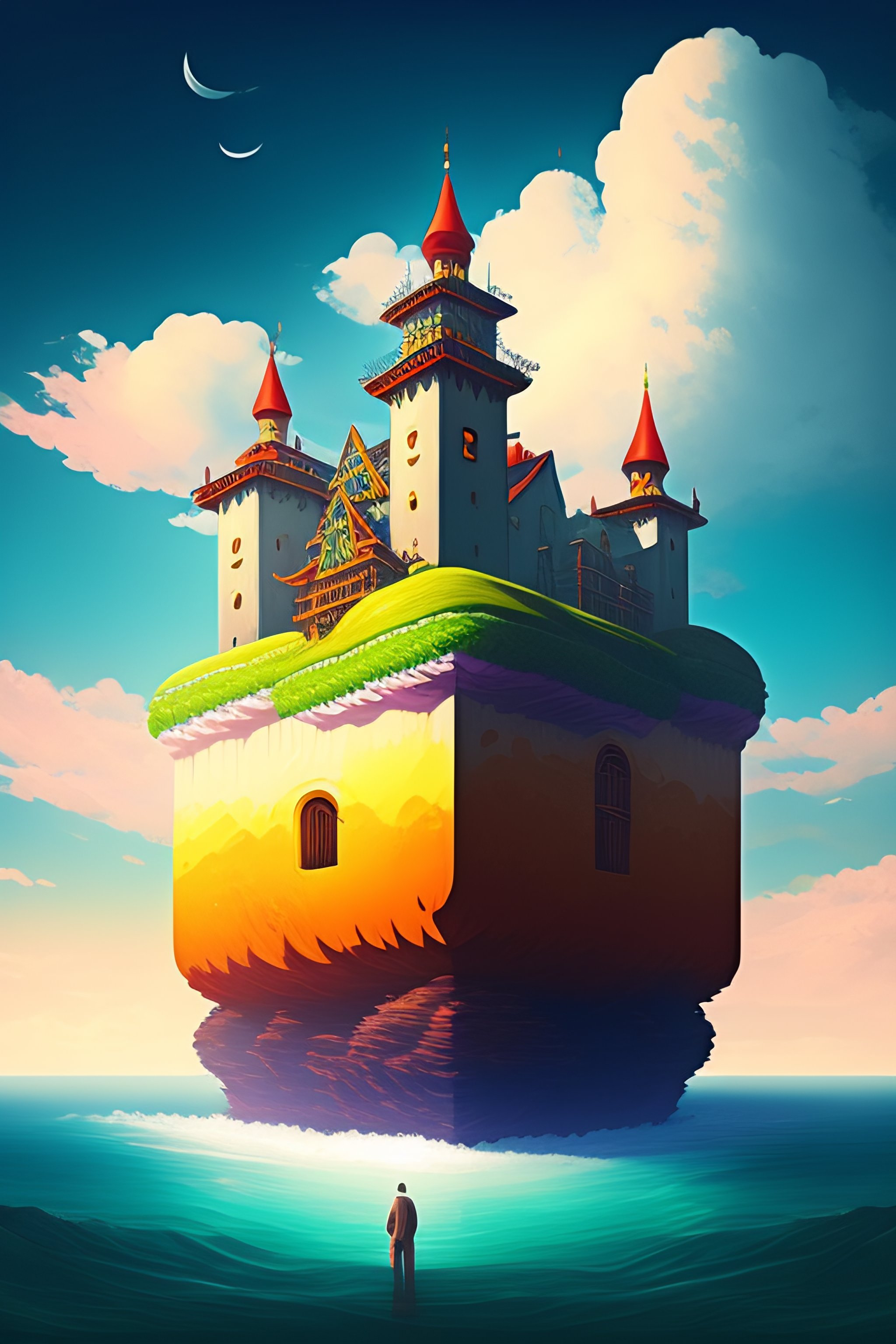 Lexica - Anime floating castle with man standing infront