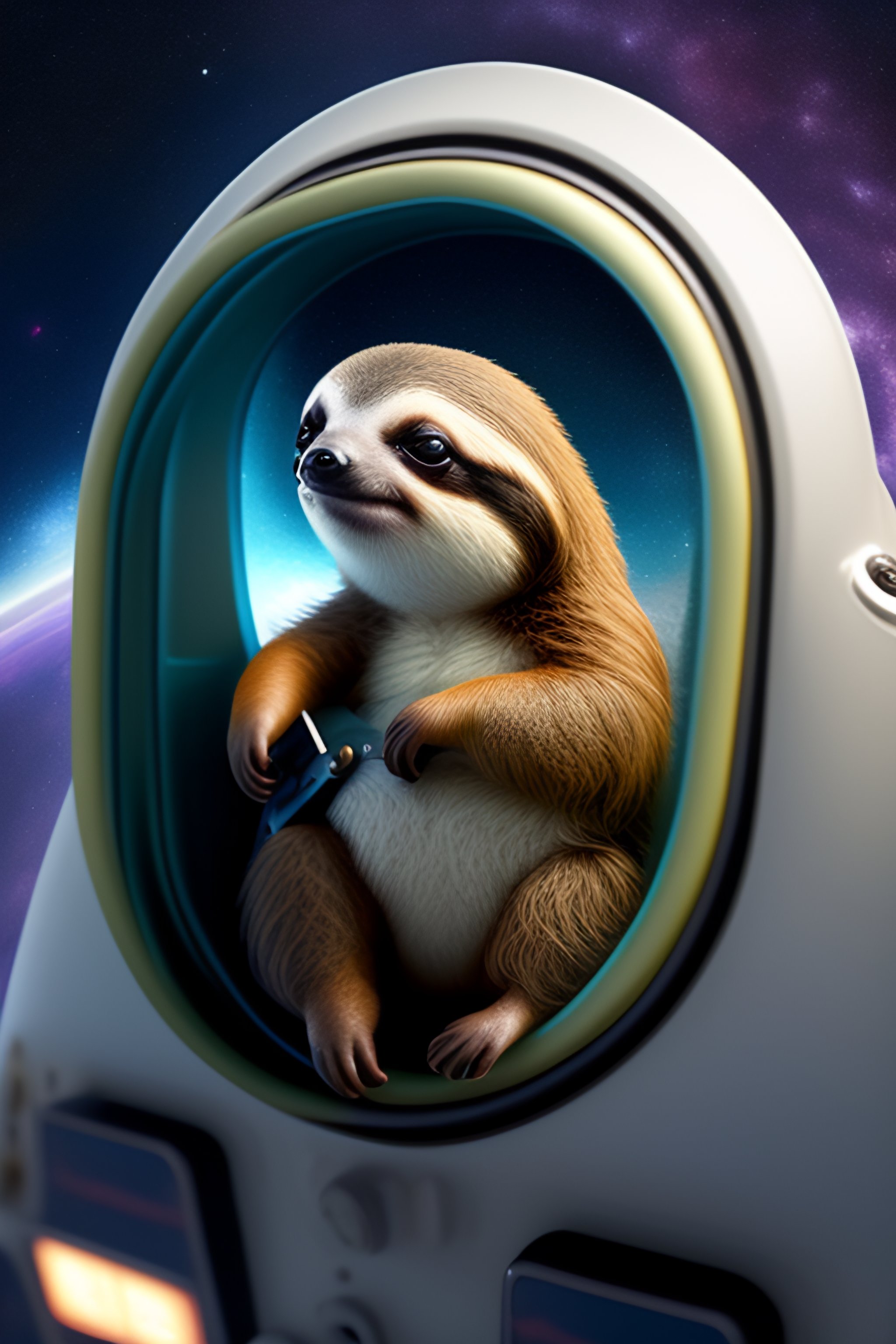Lexica - A cute and tiny sloth in a space shuttle control cockpit