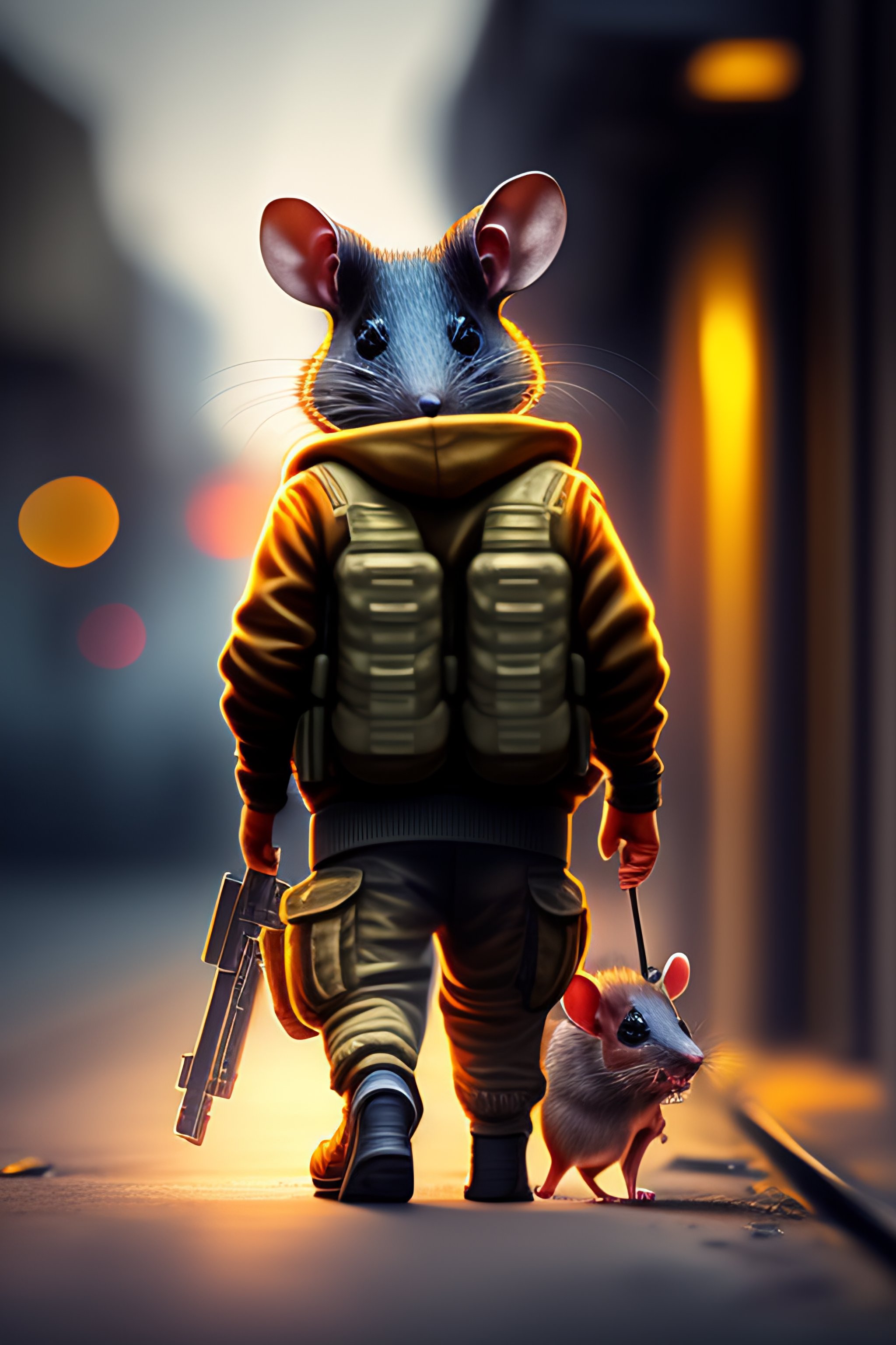 Lexica - A military rat with a machine gun walking with a baby by an ...
