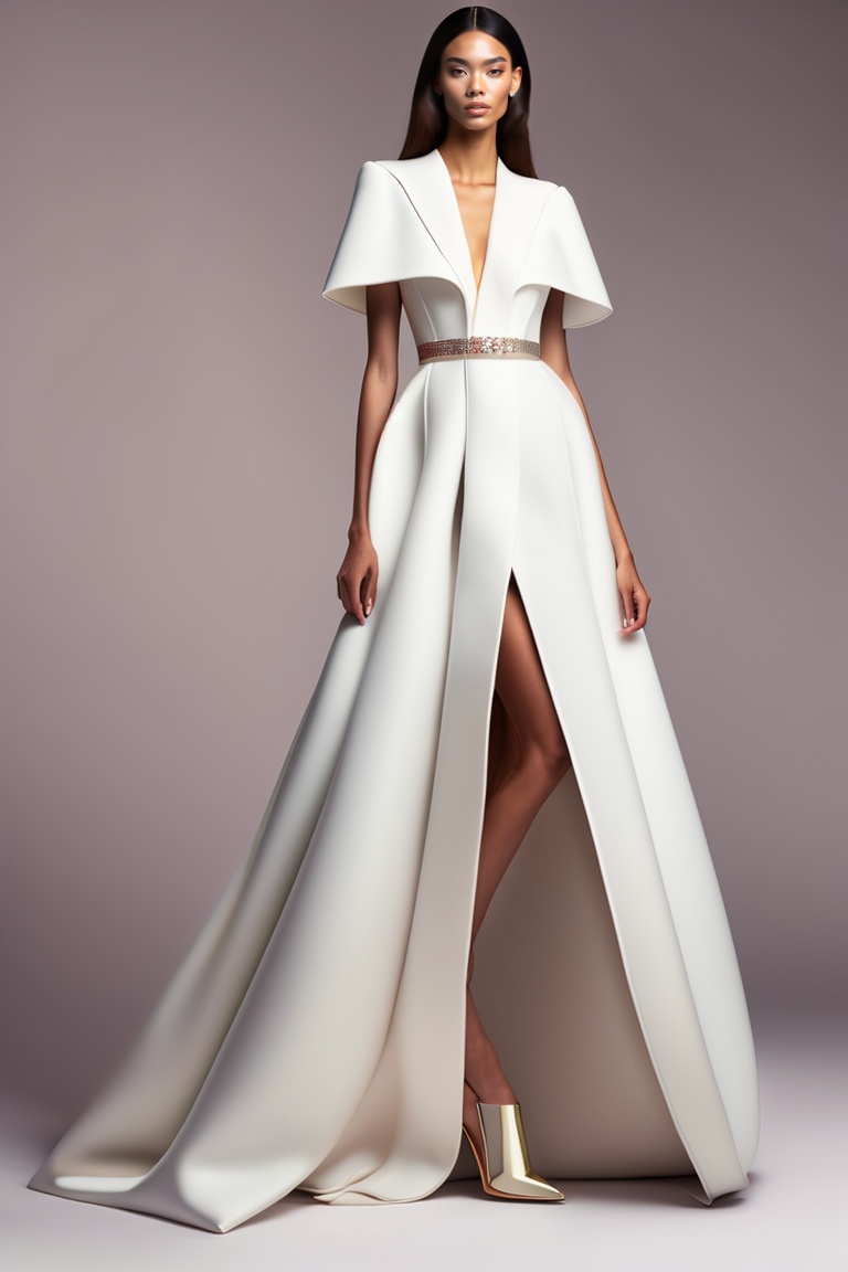 Lexica - A white asymmetrical overlapping gown with a draped top on a vogue model for a vogue ...