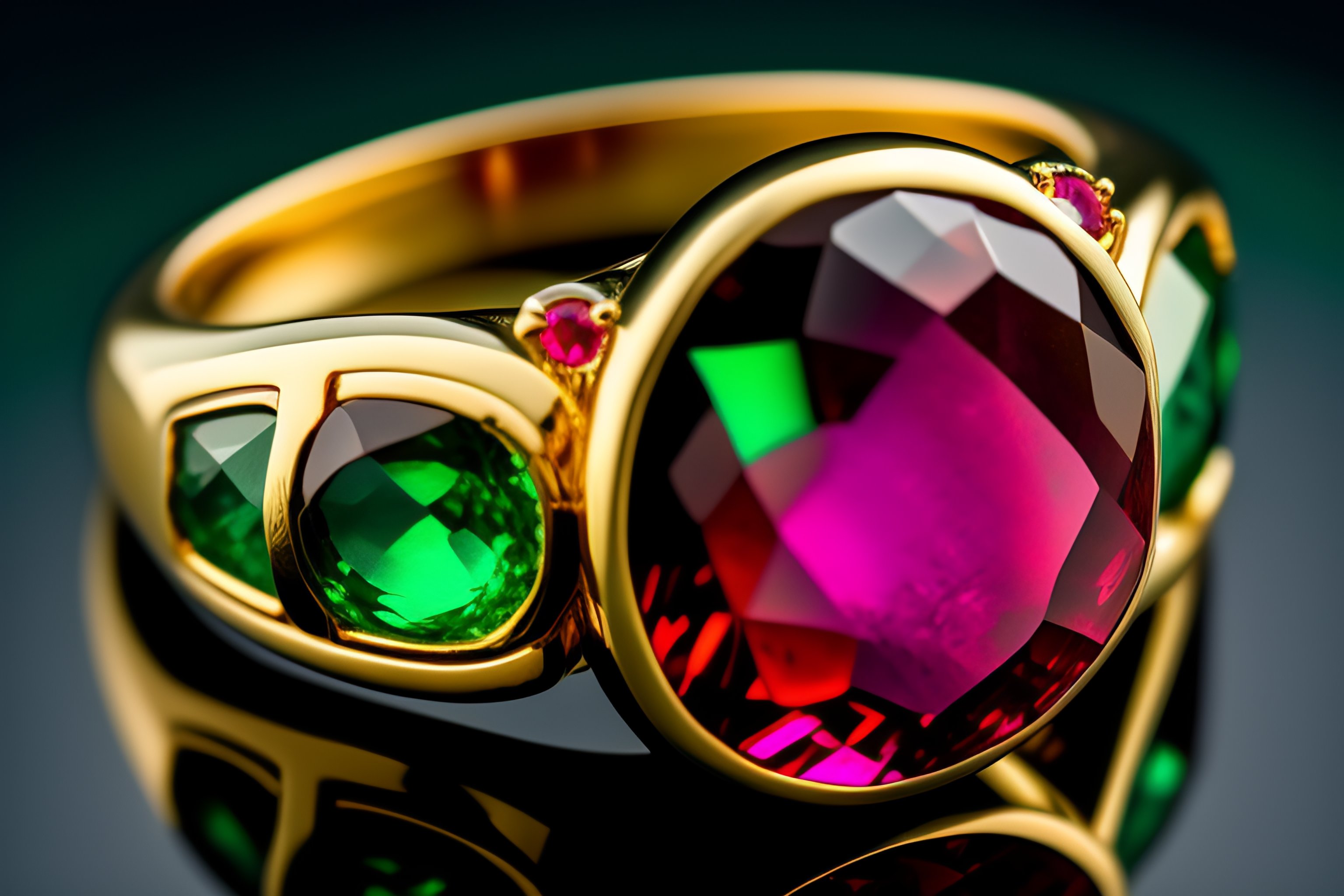 Lexica - Stunning ring with 4 5 carat diamond, adorned with ruby, emerald, and sapphire, on wife ...