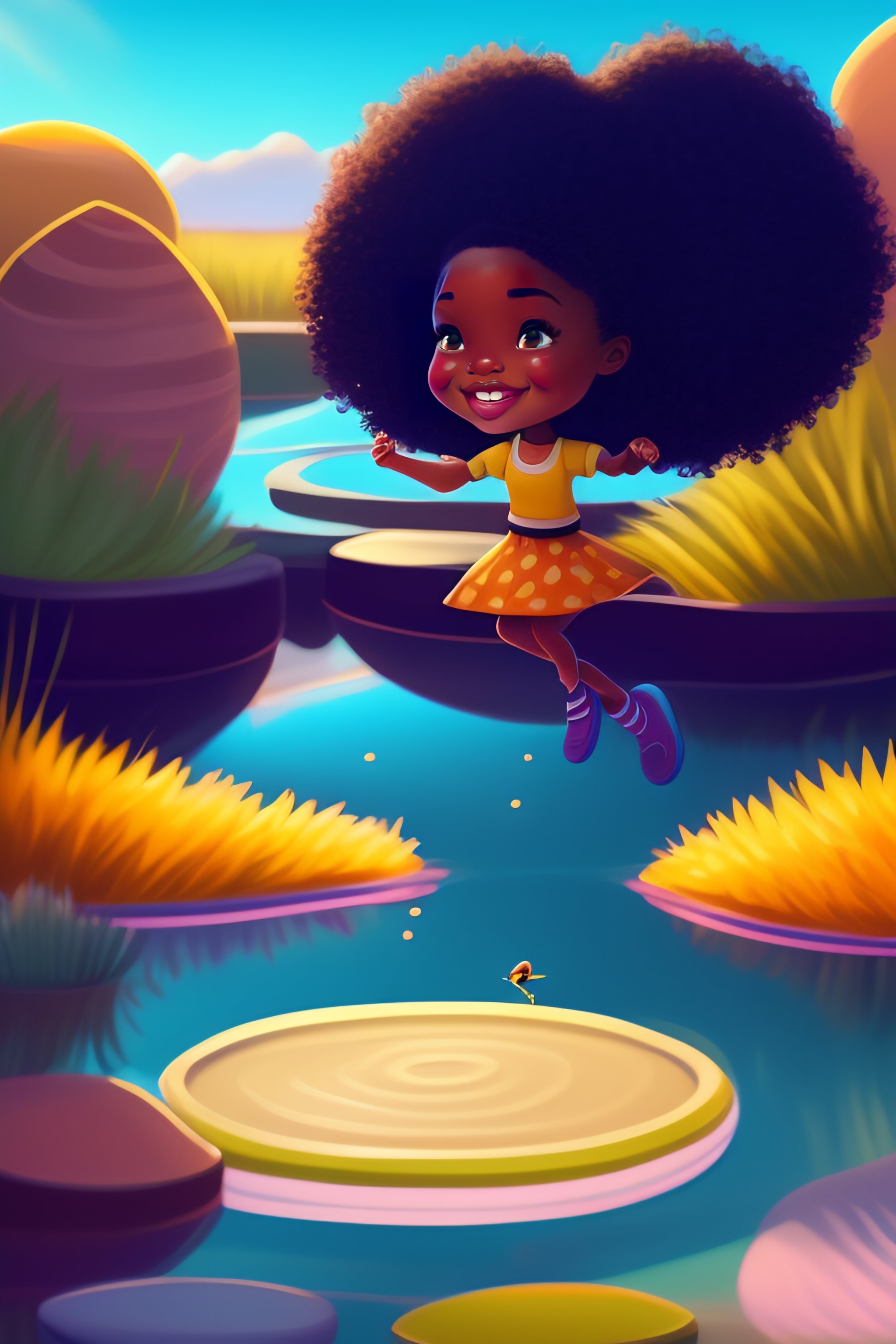 Lexica - View of gorgeous pond with same happy black girl jumping ...