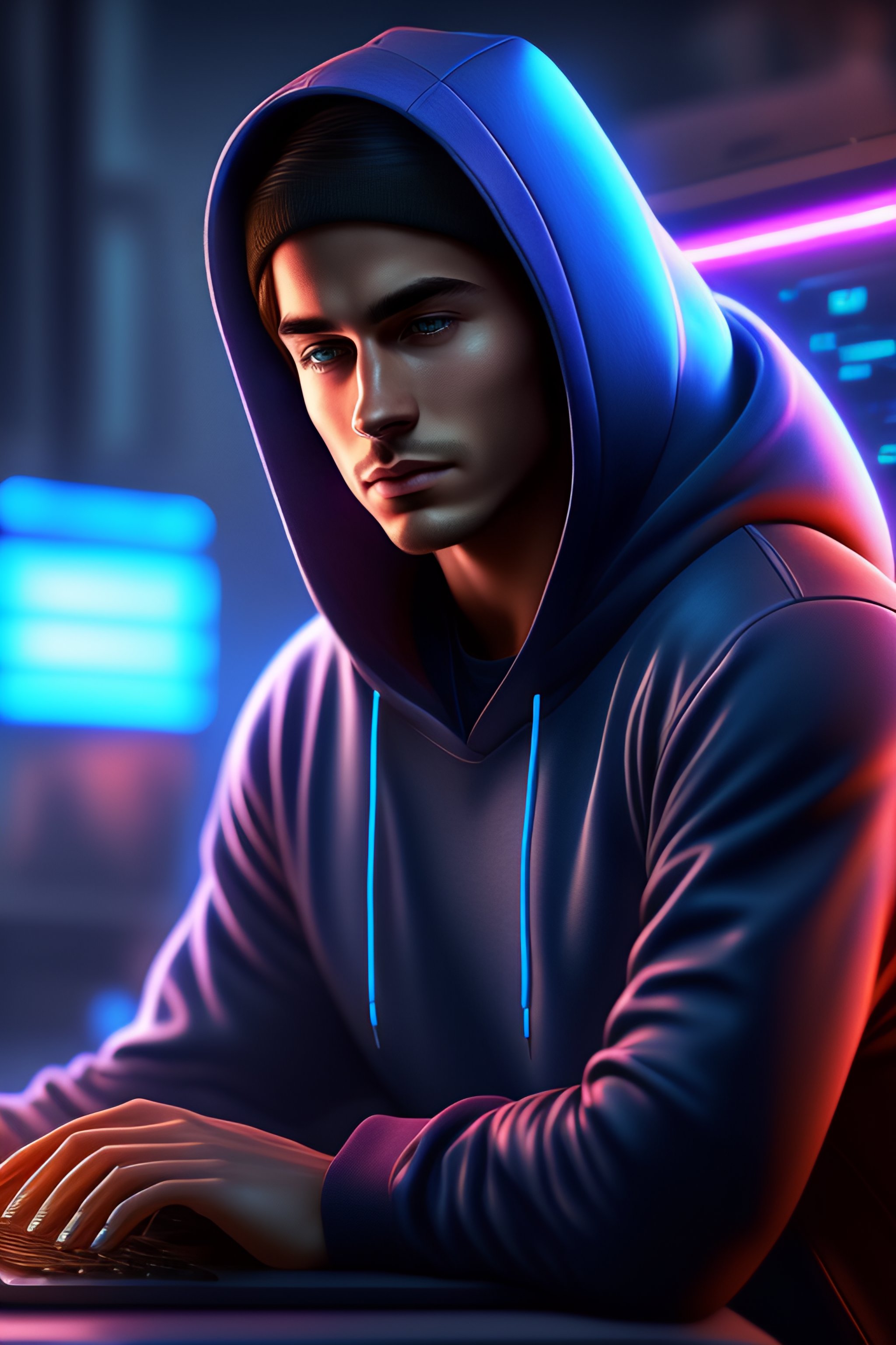 Lexica - A young male typing on a computer with a hoodie and hat on ...