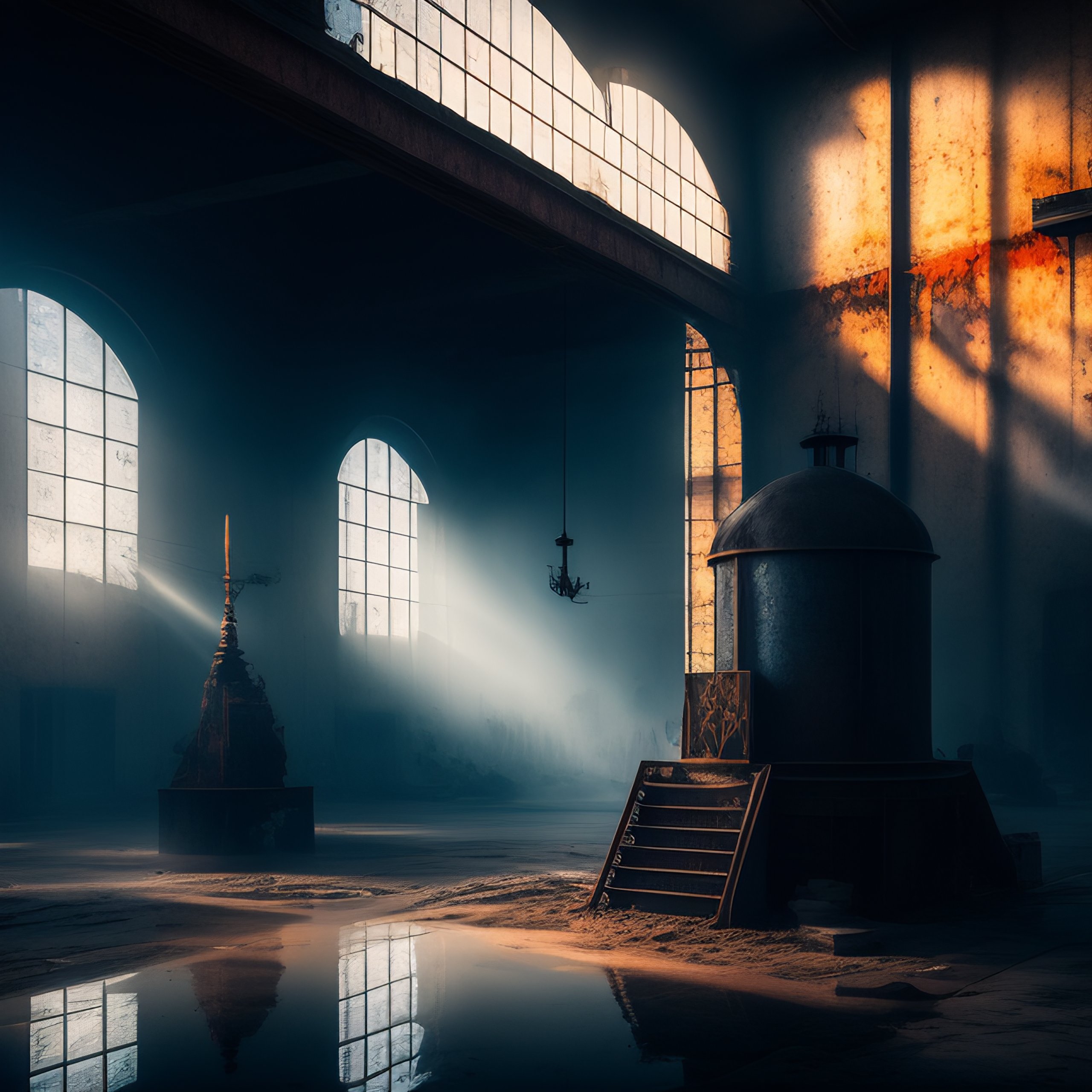 Lexica - Interior abandoned factory with broken statues and scl, water ...