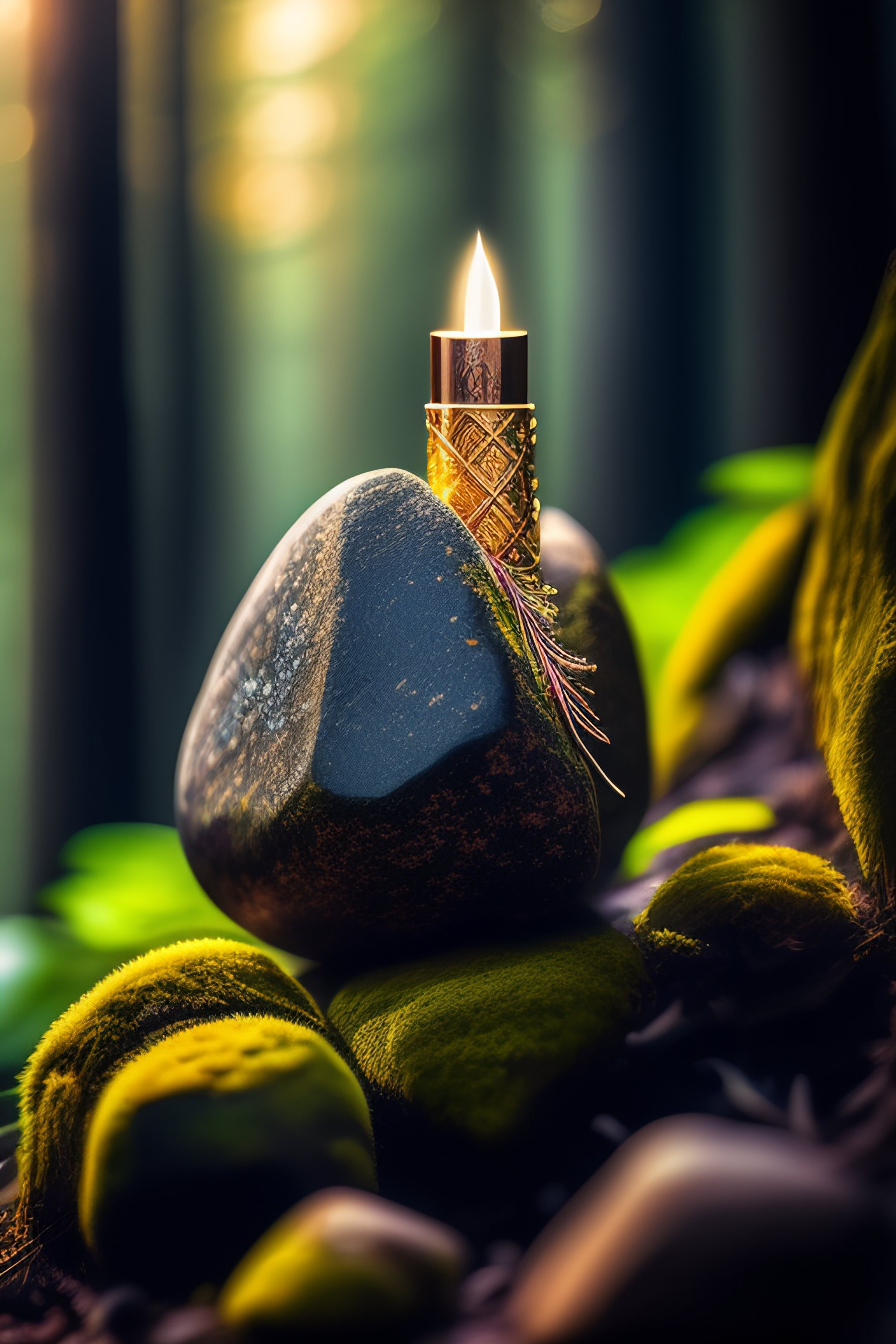 Lexica - An smoking incense stick on a rock in the forest, highly ...