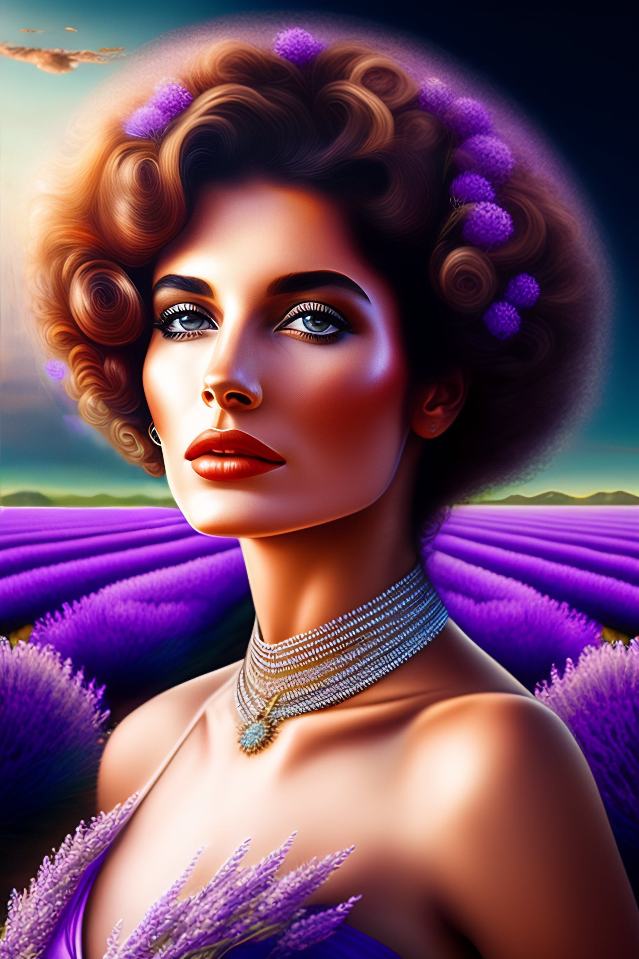 Lexica - Woman in field of lavender, distant, facing towards viewer ...