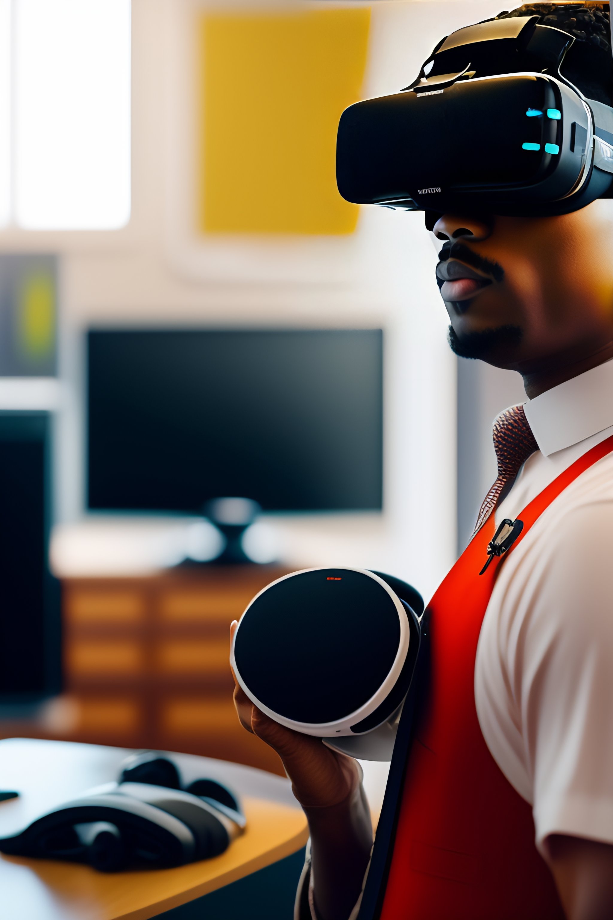 Lexica - Teacher with a VR-Headset standing in a classroom