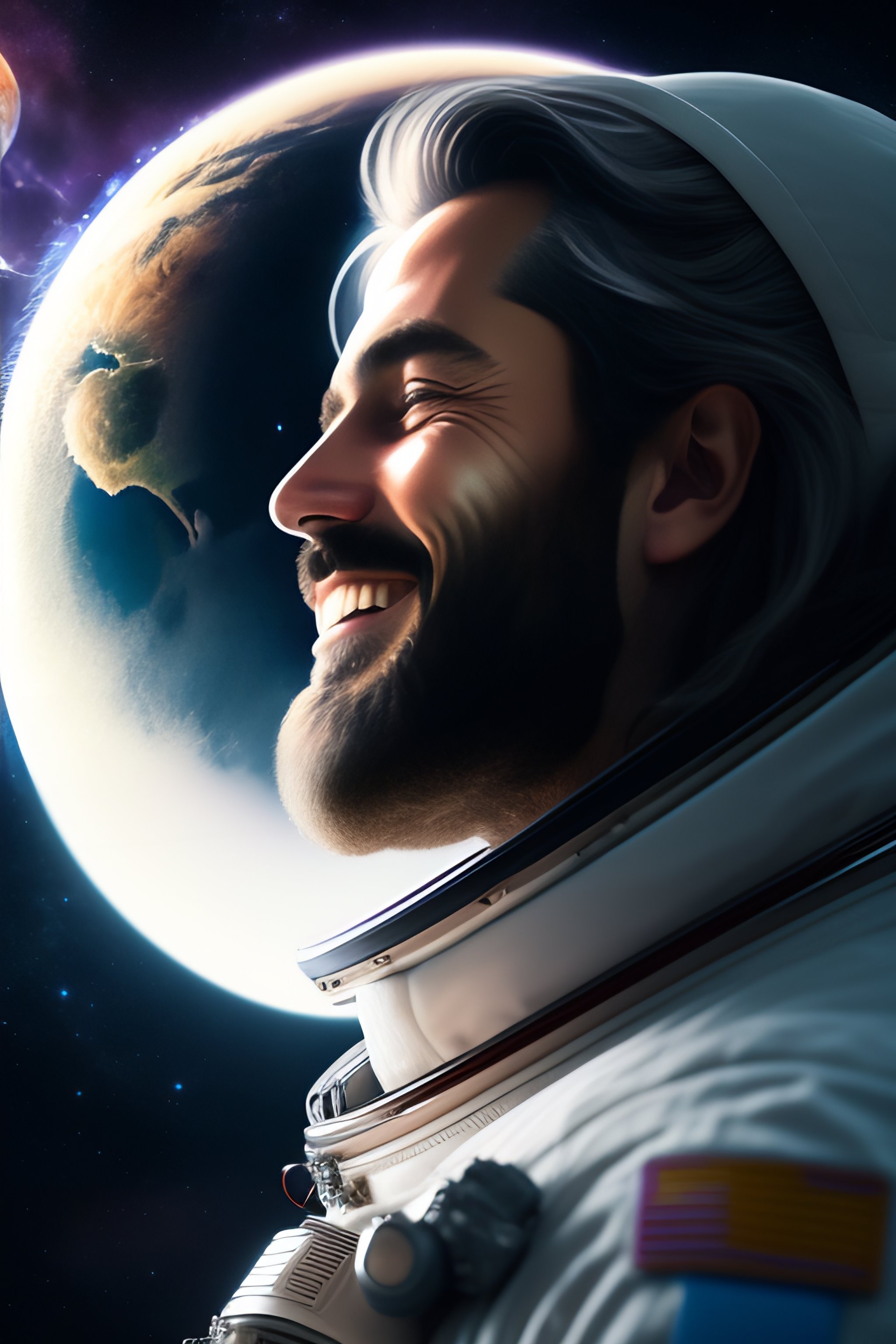 Lexica - Portrait of a smiling male gray long hair and beard astronaut ...