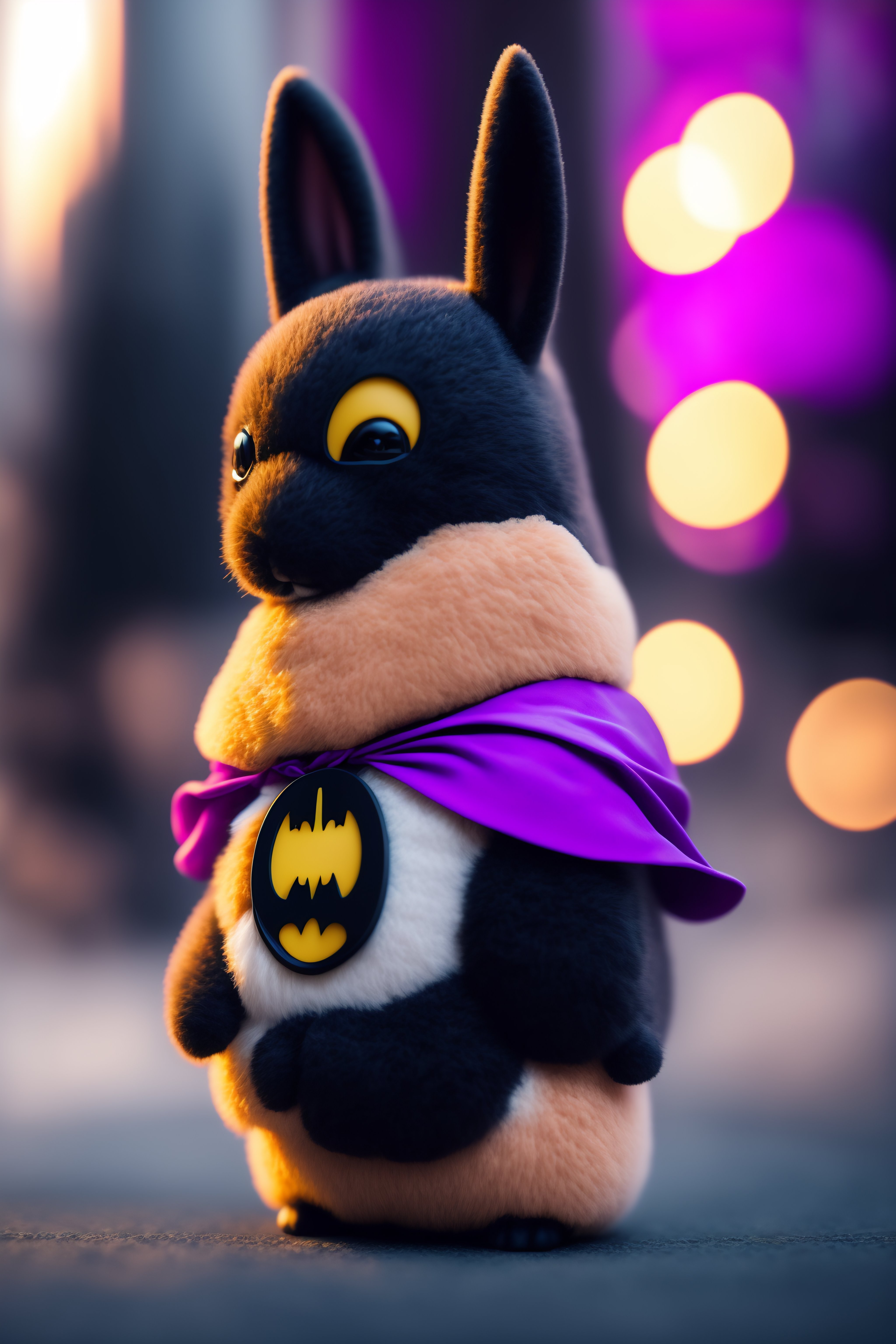 Lexica - Soft batman Bunny robot working on a smartphone,in the city