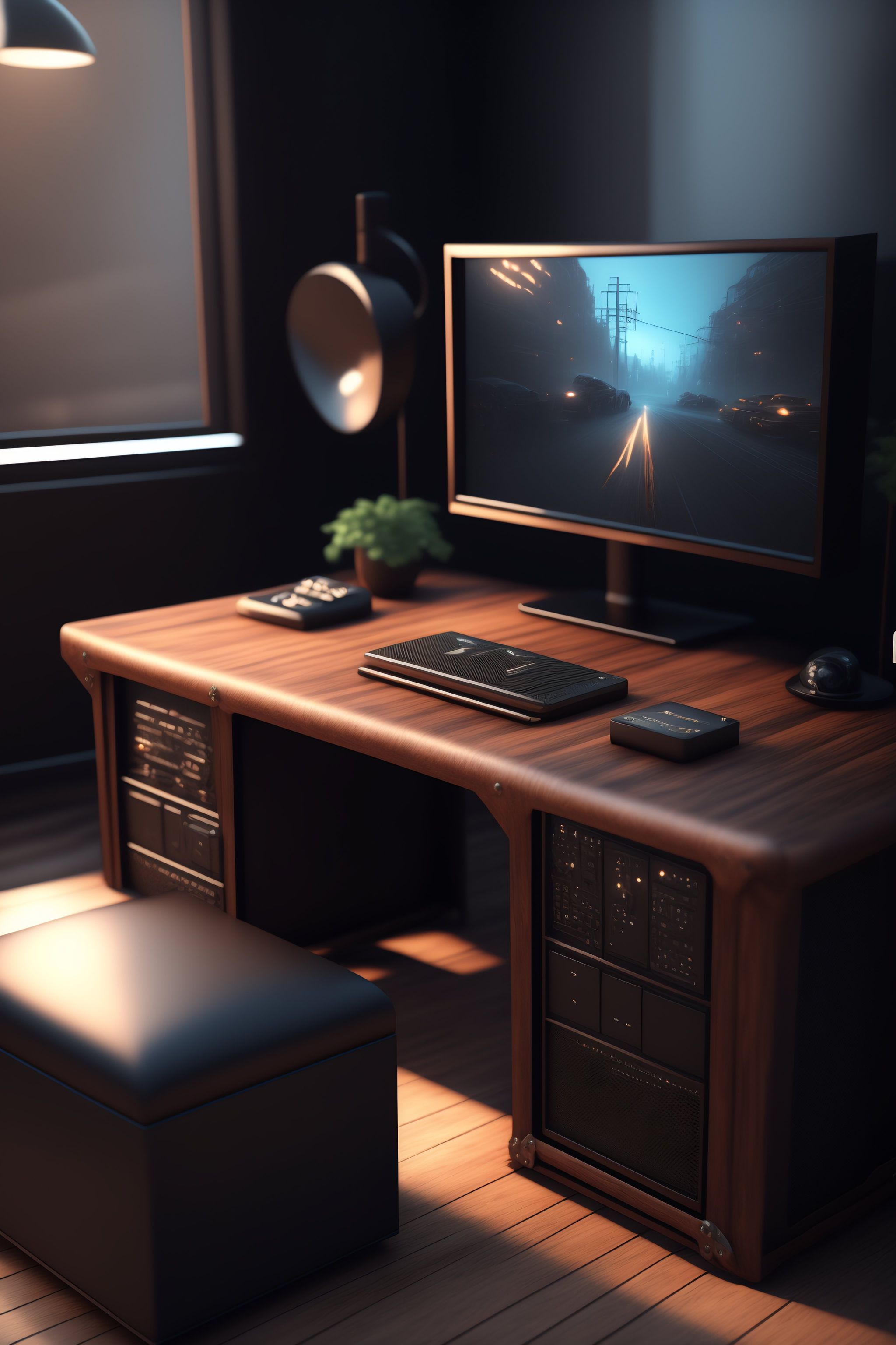 Lexica - A dark industrial wood desk with control panel on the side of ...