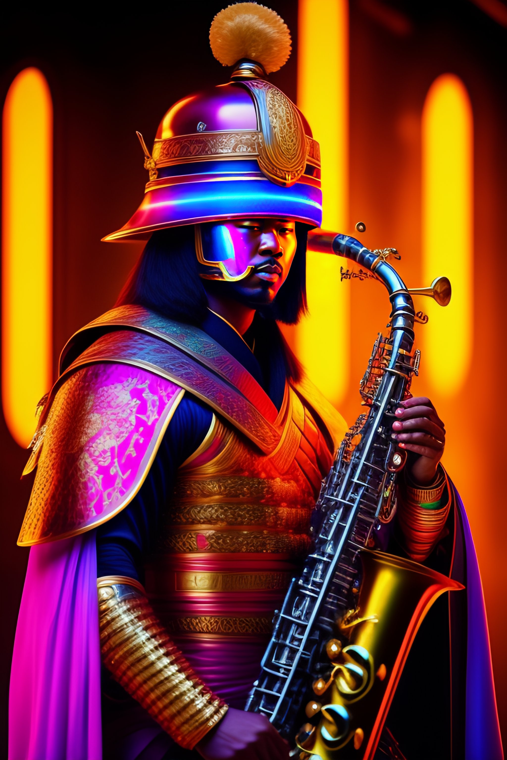 Lexica - Neon samurai playing the saxophone in traditional armor with a ...