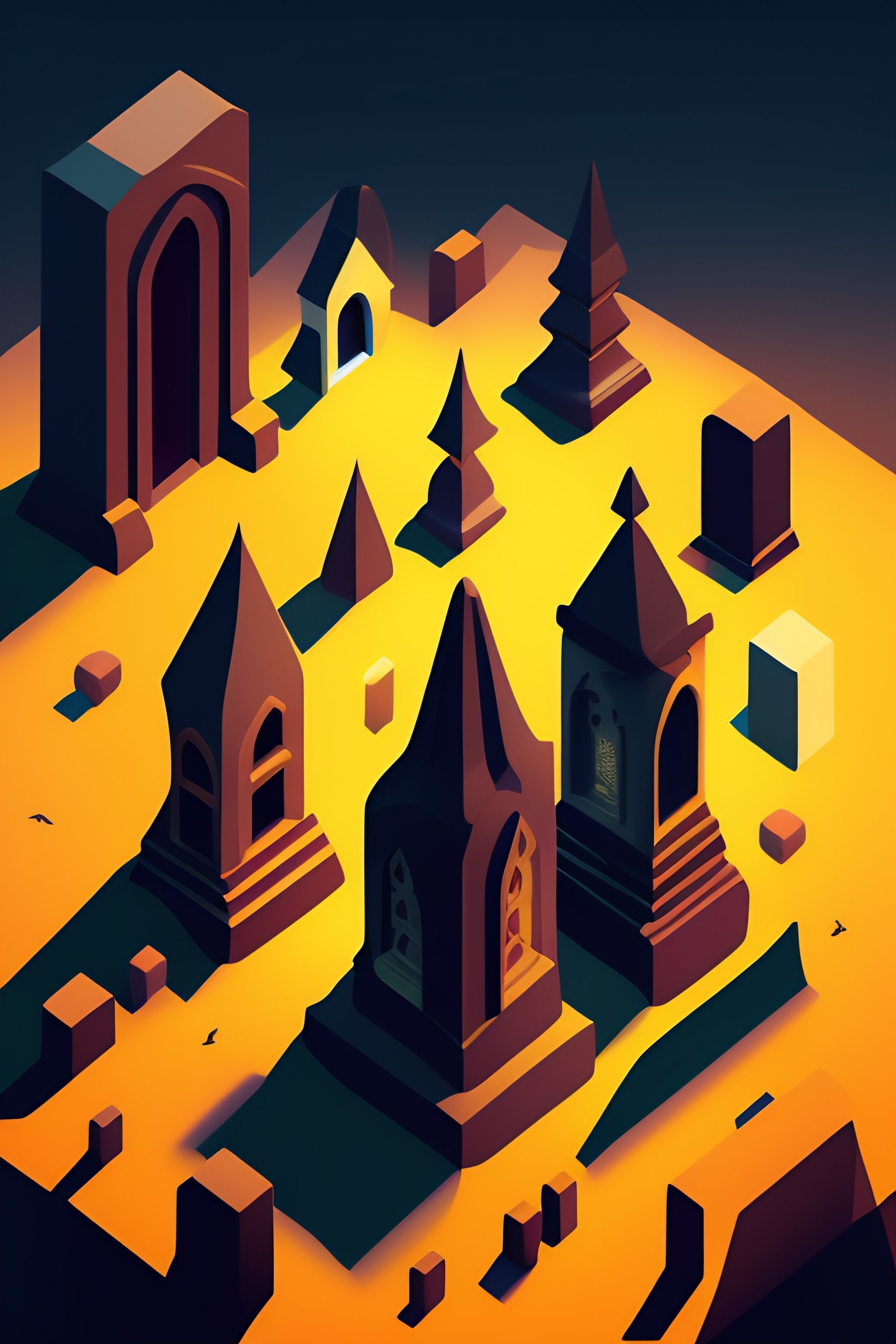Lexica - Isometric render of a spooky graveyard by a town, solid shapes ...