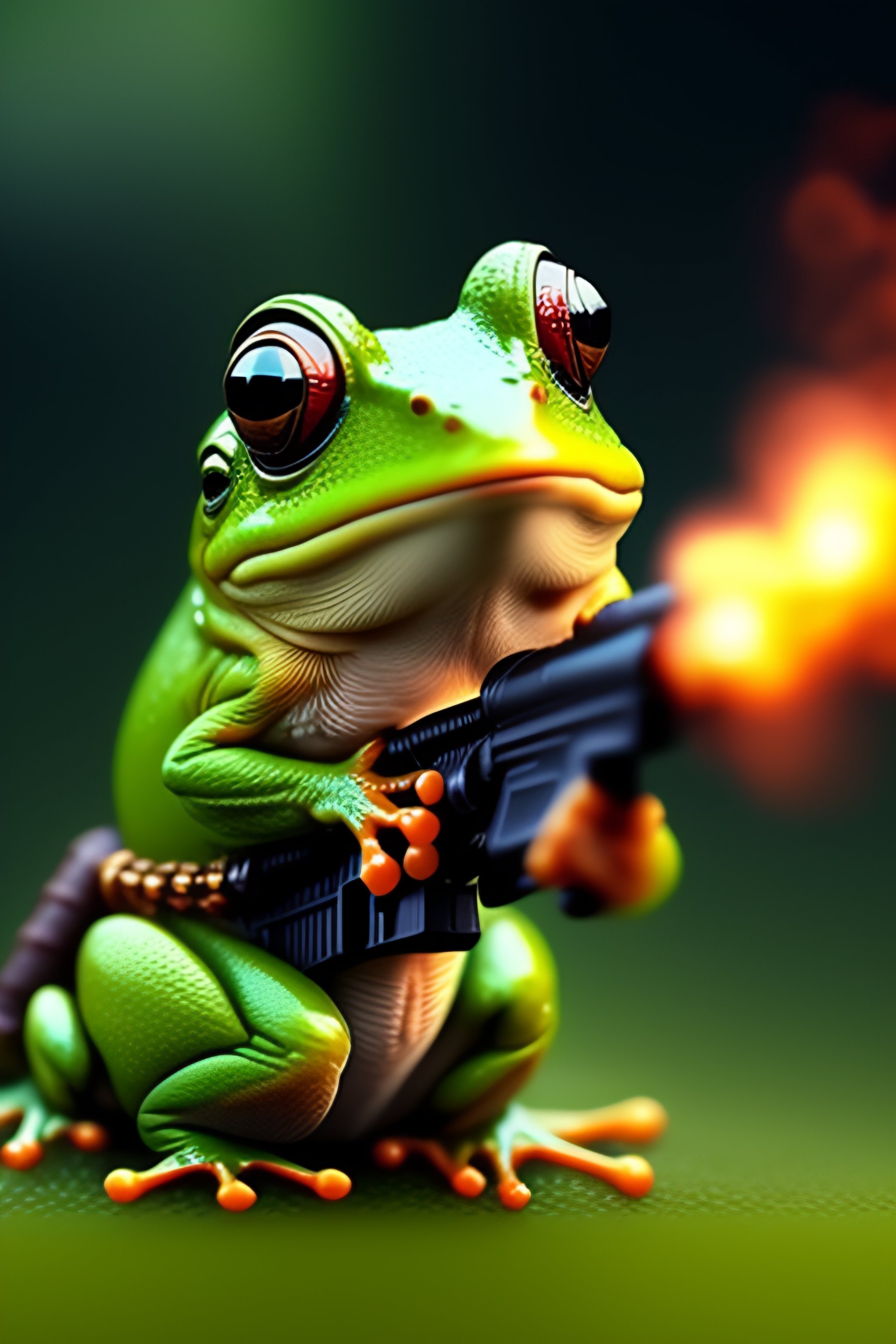 Lexica - A frog wielding a rocket-launcher from a video game.