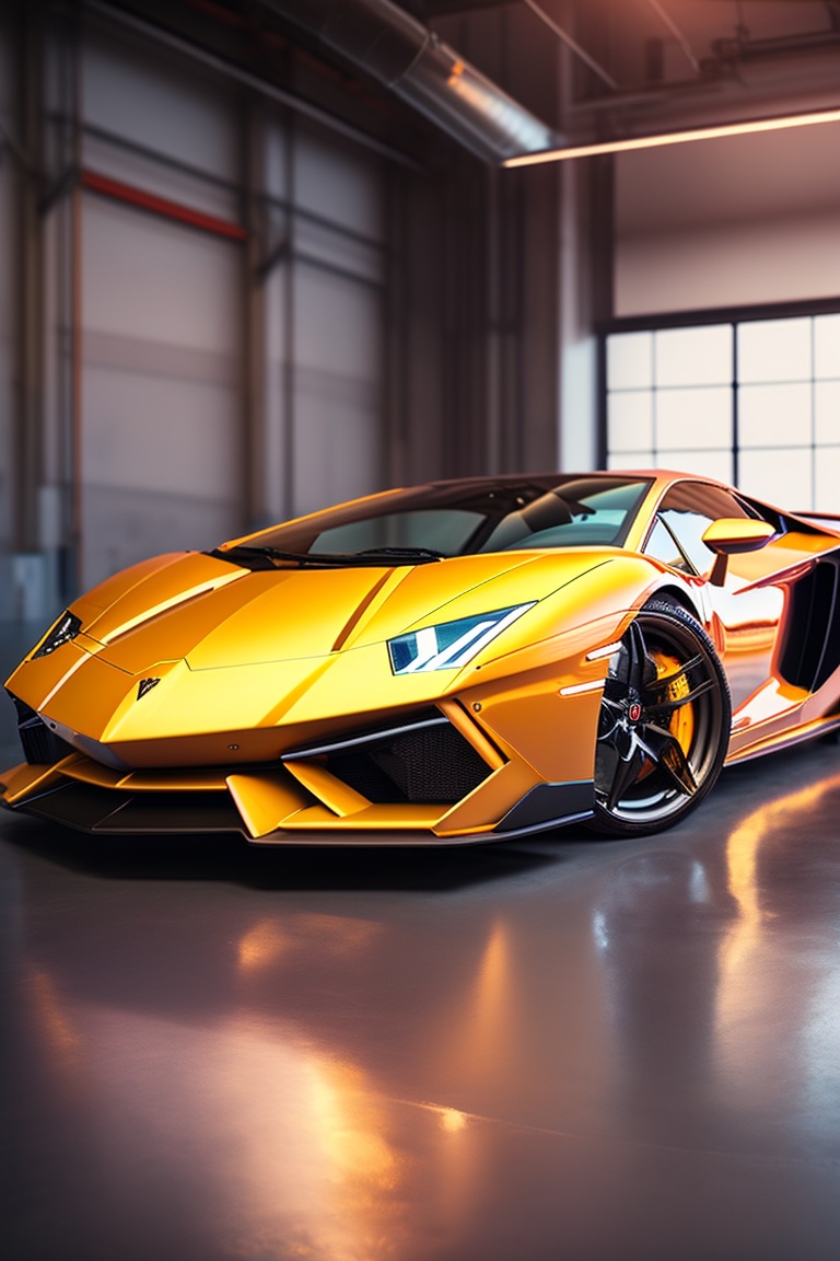 Lexica - A lamborghini standing in a showroom, with cinematic light