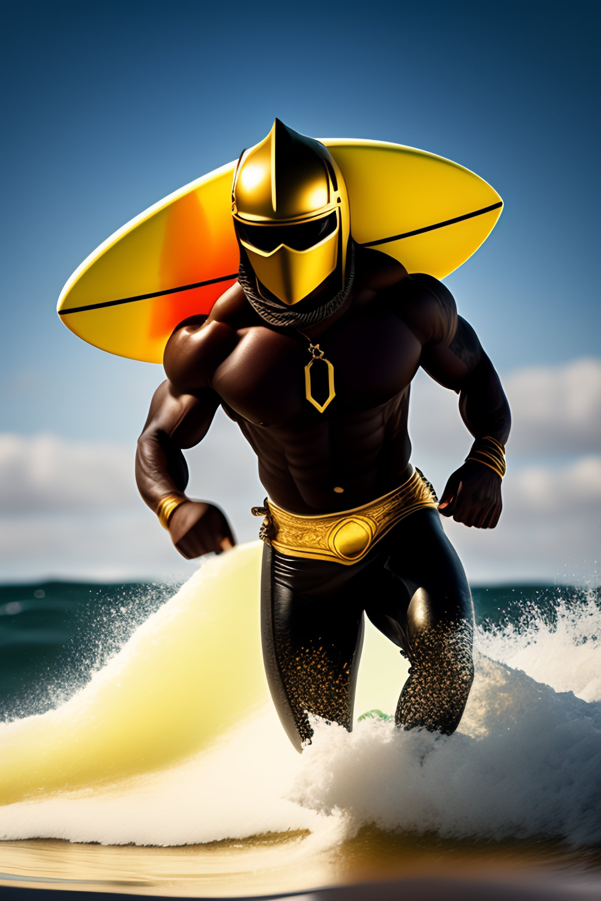 Lexica - Black metal surfer from earth, with gold helmet, musclebound man