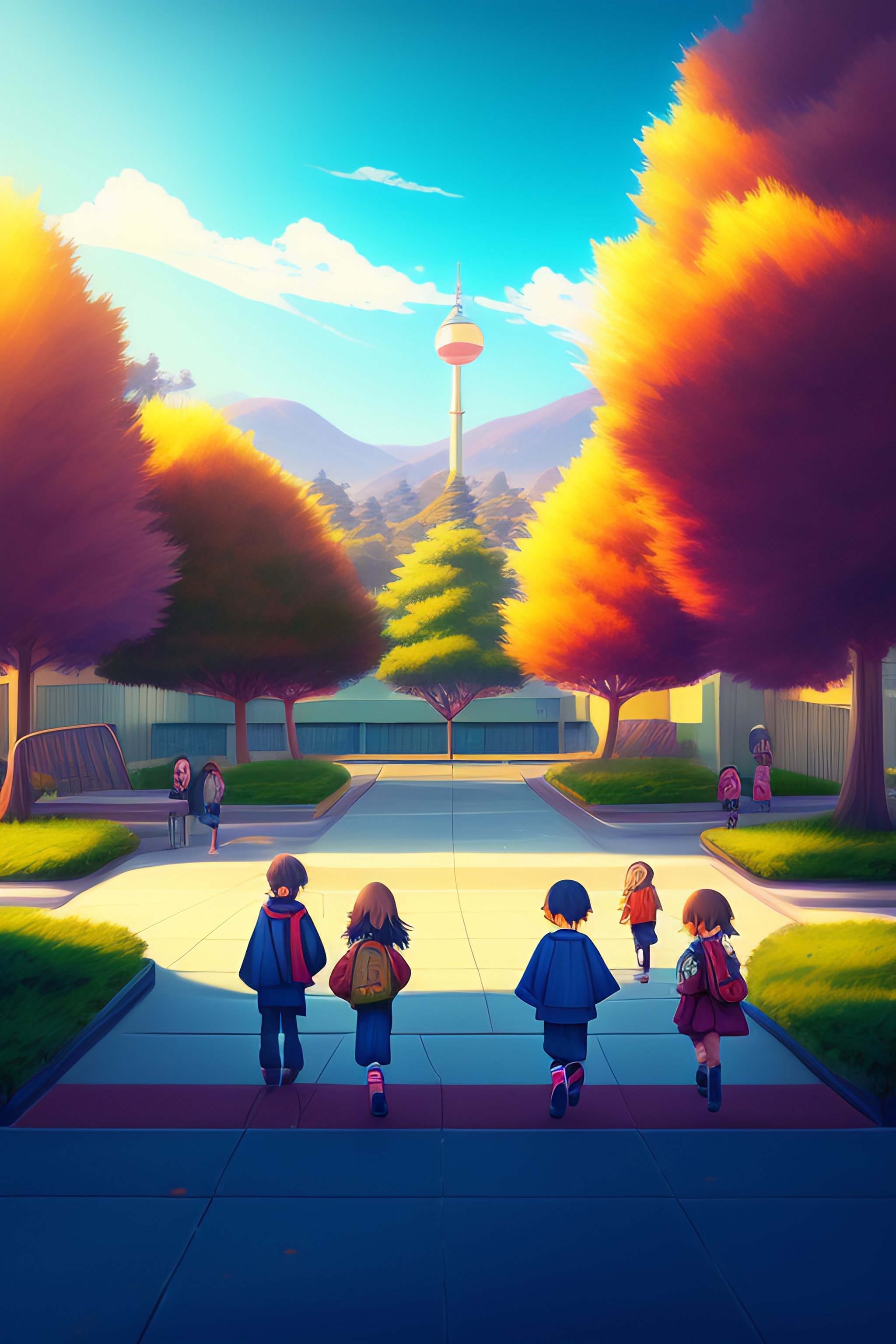 Lexica - Anime landscape of a schoolyard with kids in berkeley CA