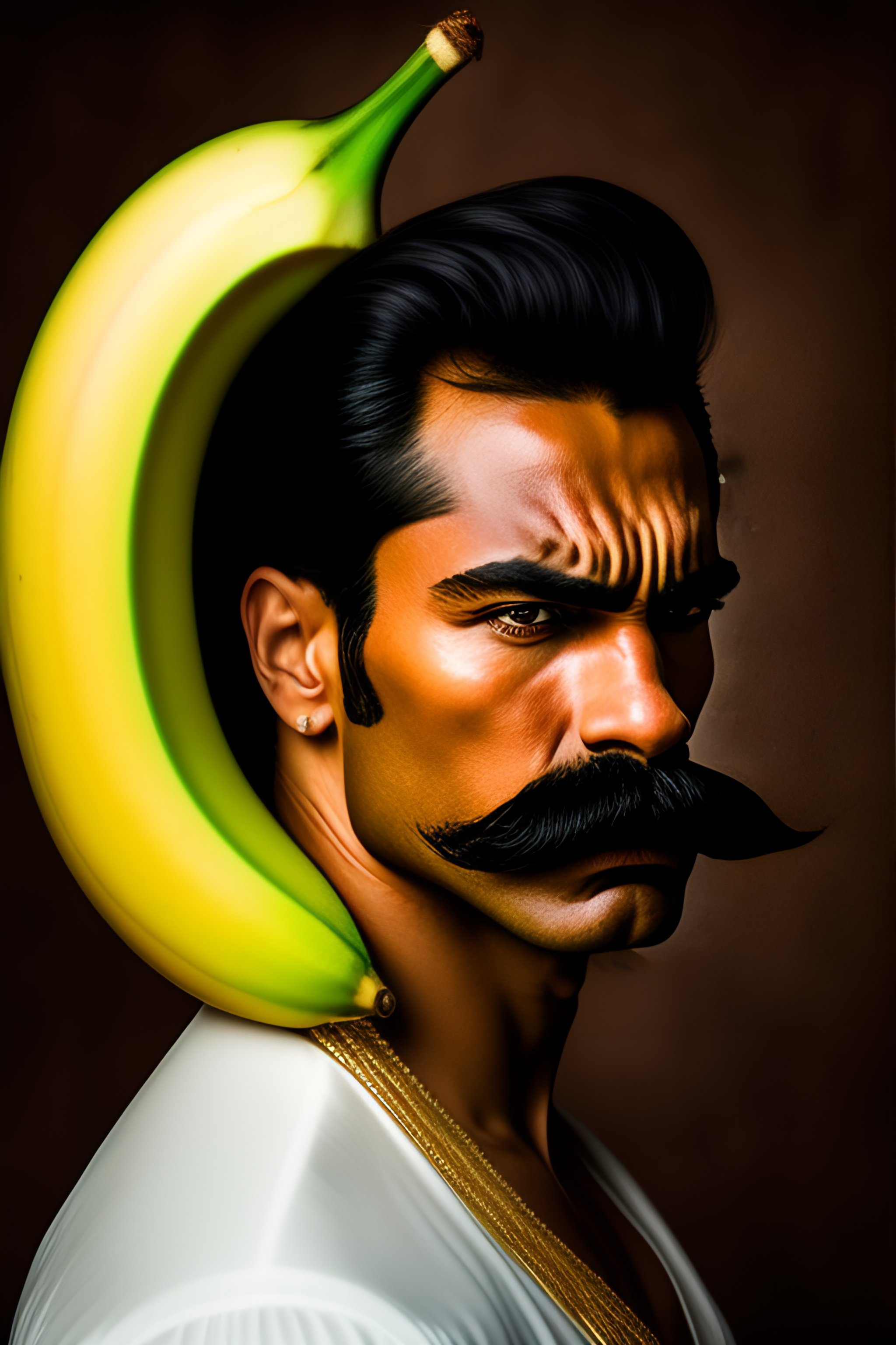 Lexica - Portrait of a man with a mustache looking angry at a banana