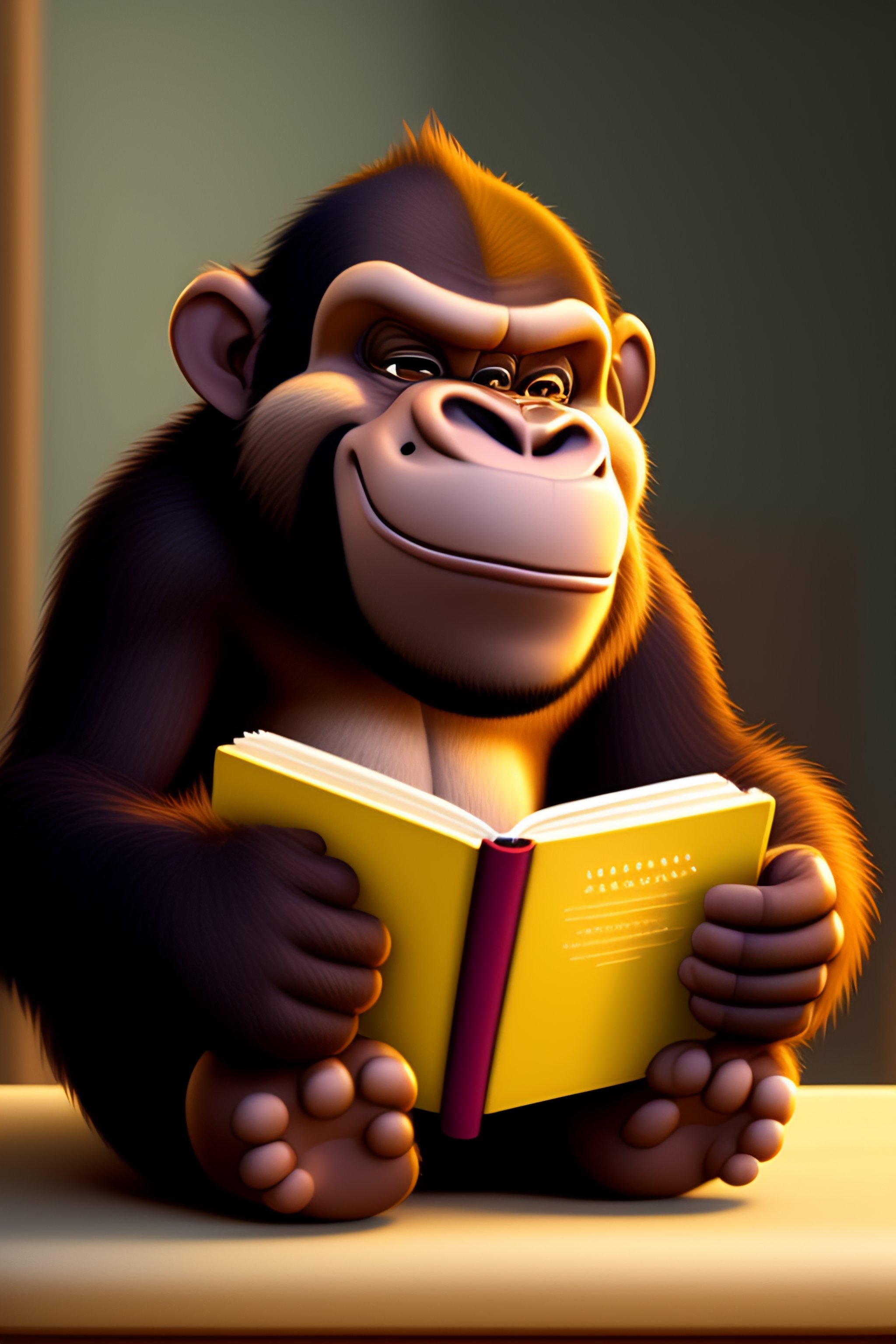 Lexica - Pixar art of a funny smiling ape reading a book