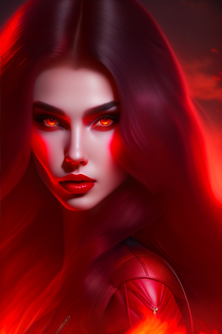 Lexica - Beautiful demon girl, fiery eyes, blood red leather jacket ...