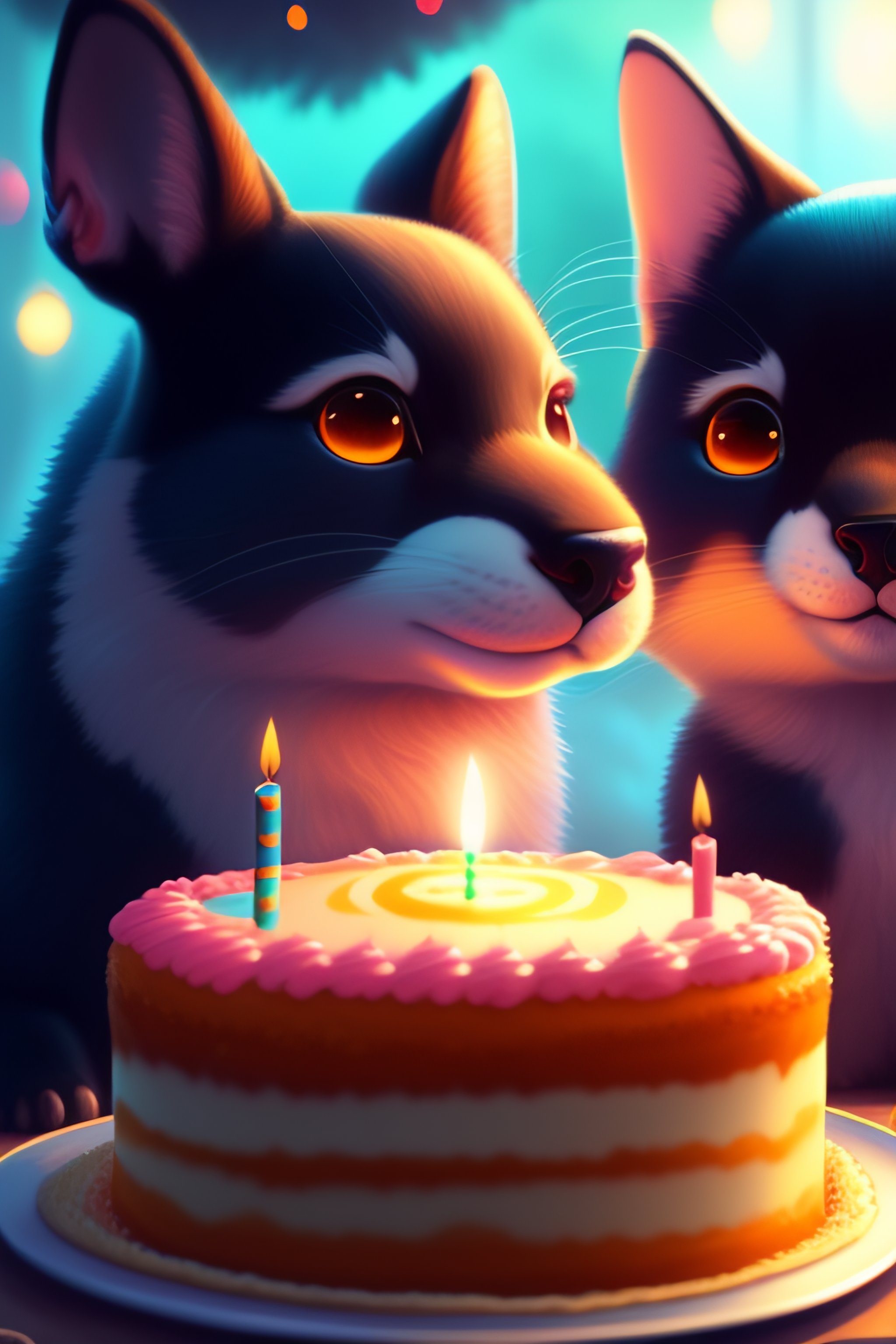 Lexica - Cute animals eating huge birthday cake with candles, particles ...