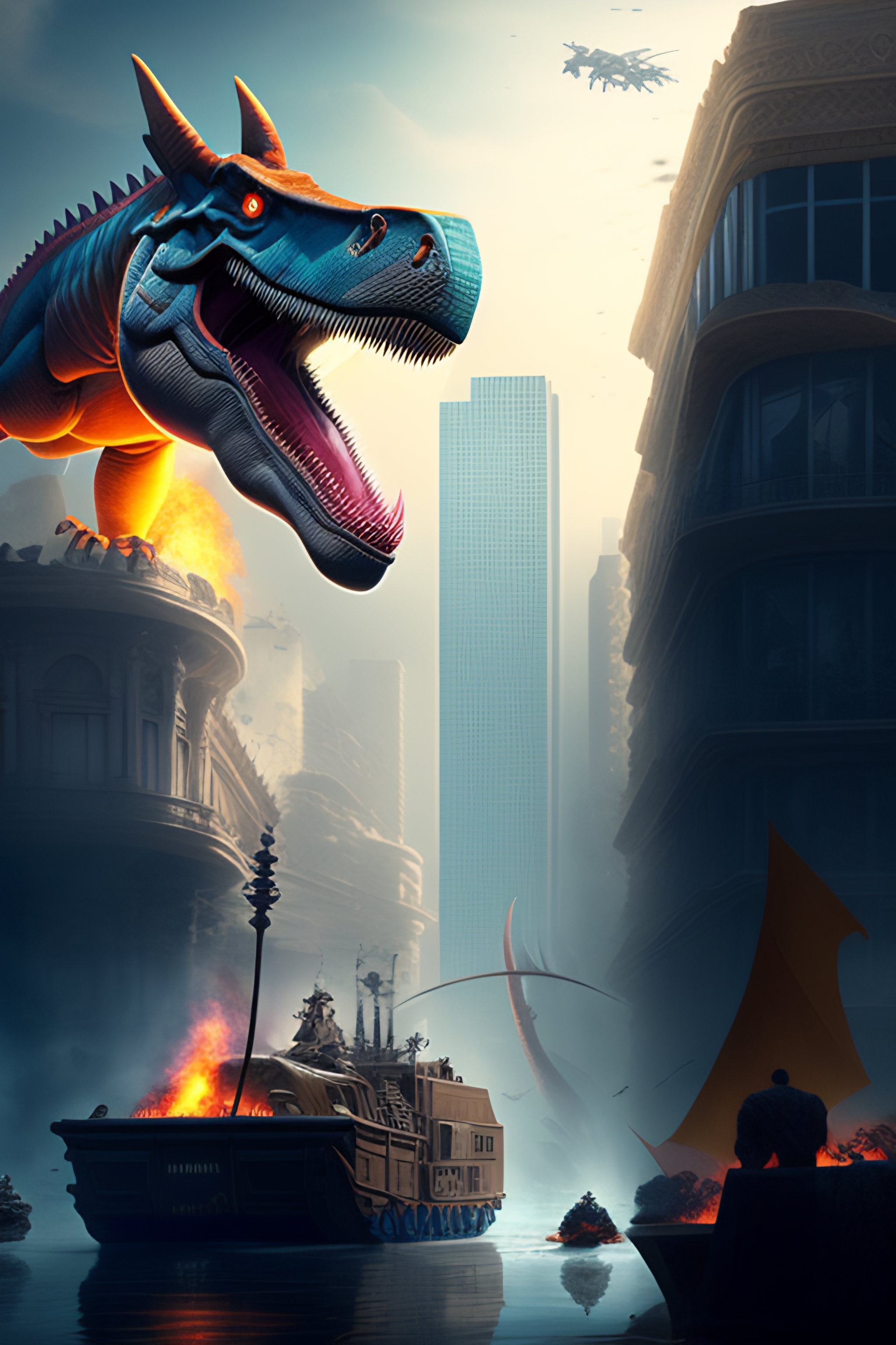 Lexica - Spain city being destroyed by a dinosaur attack