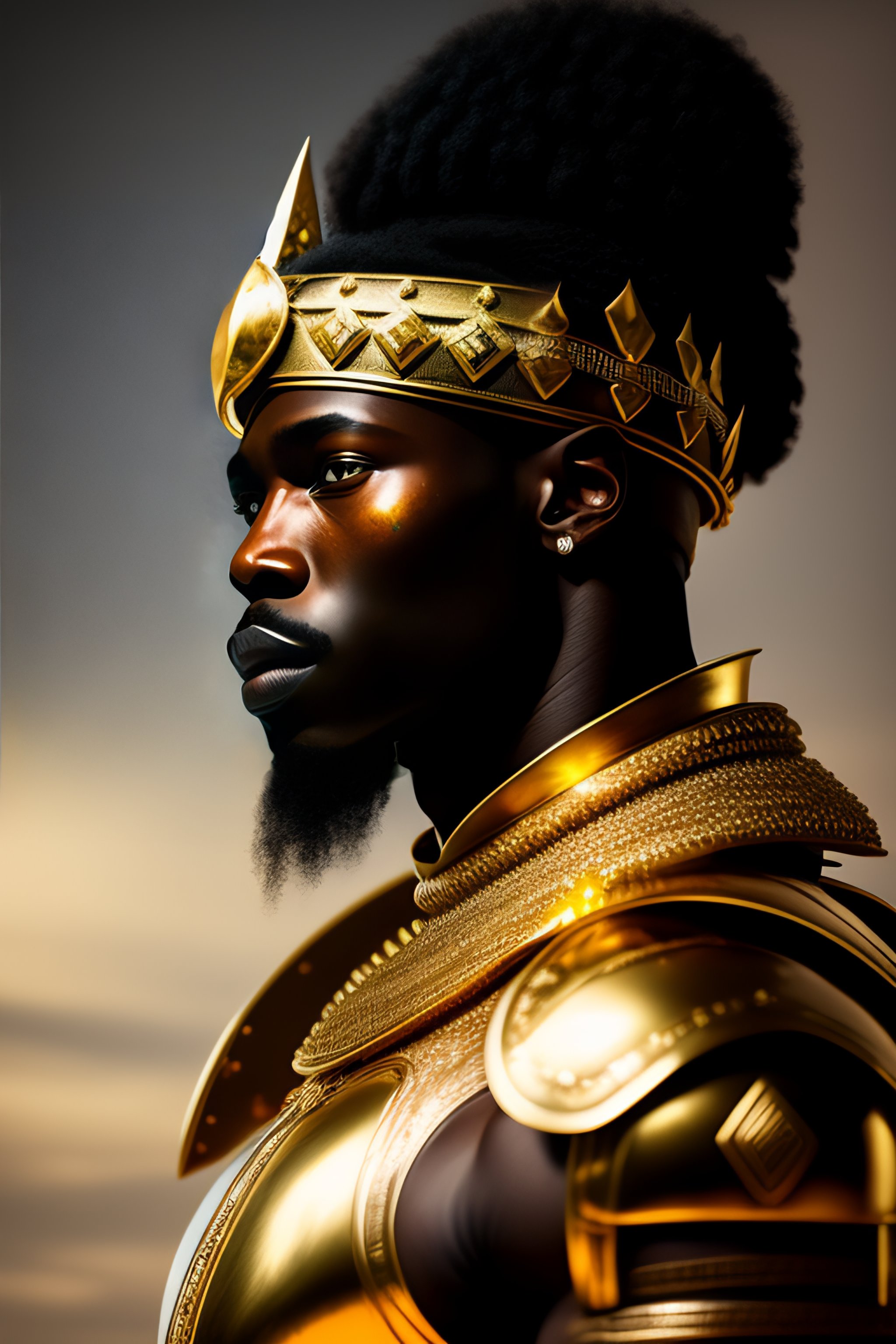 Lexica - Realistic Portrait of African warrior king, gold armor