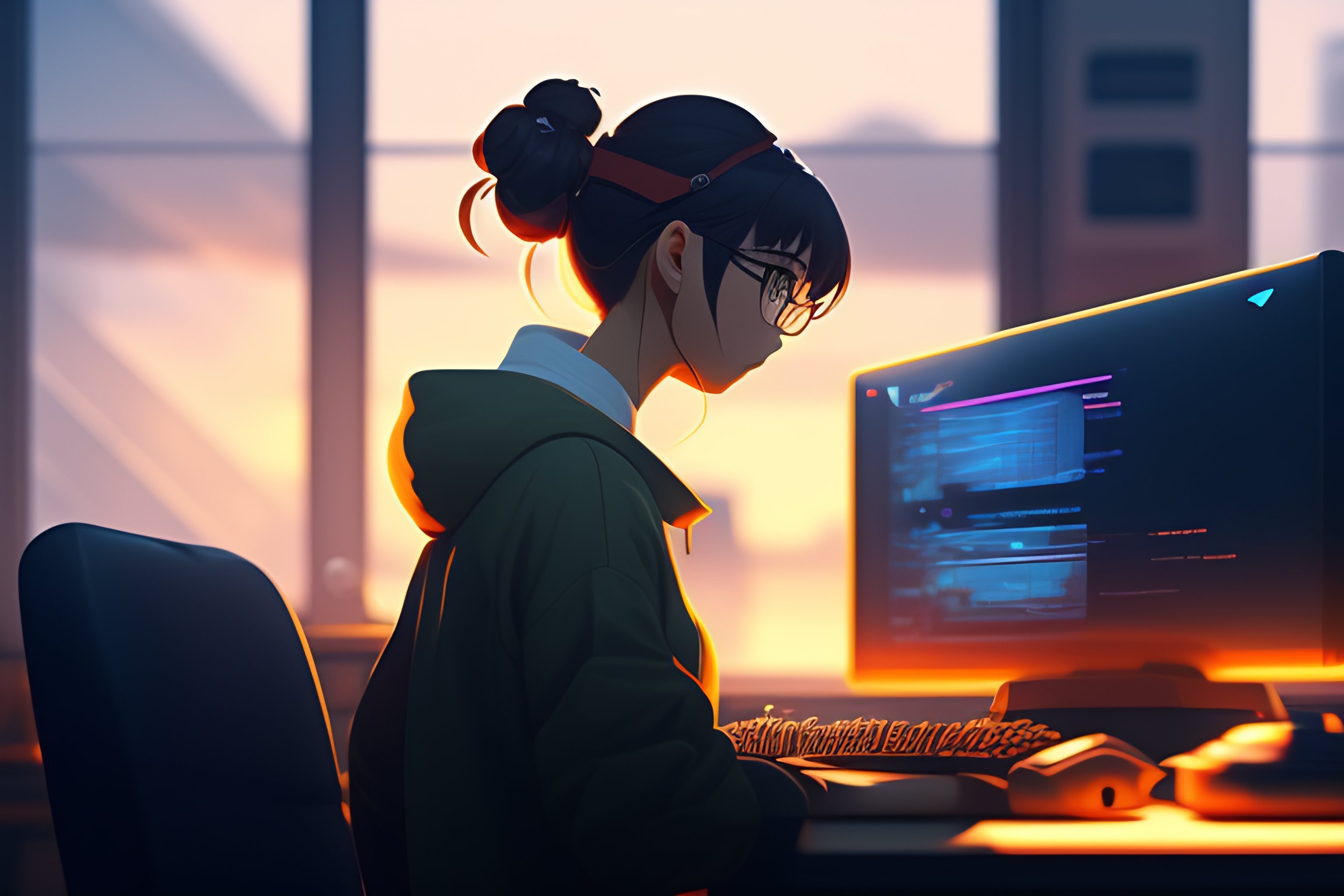 Lexica - A nerdy girl is programming at a computer in a room full of ...