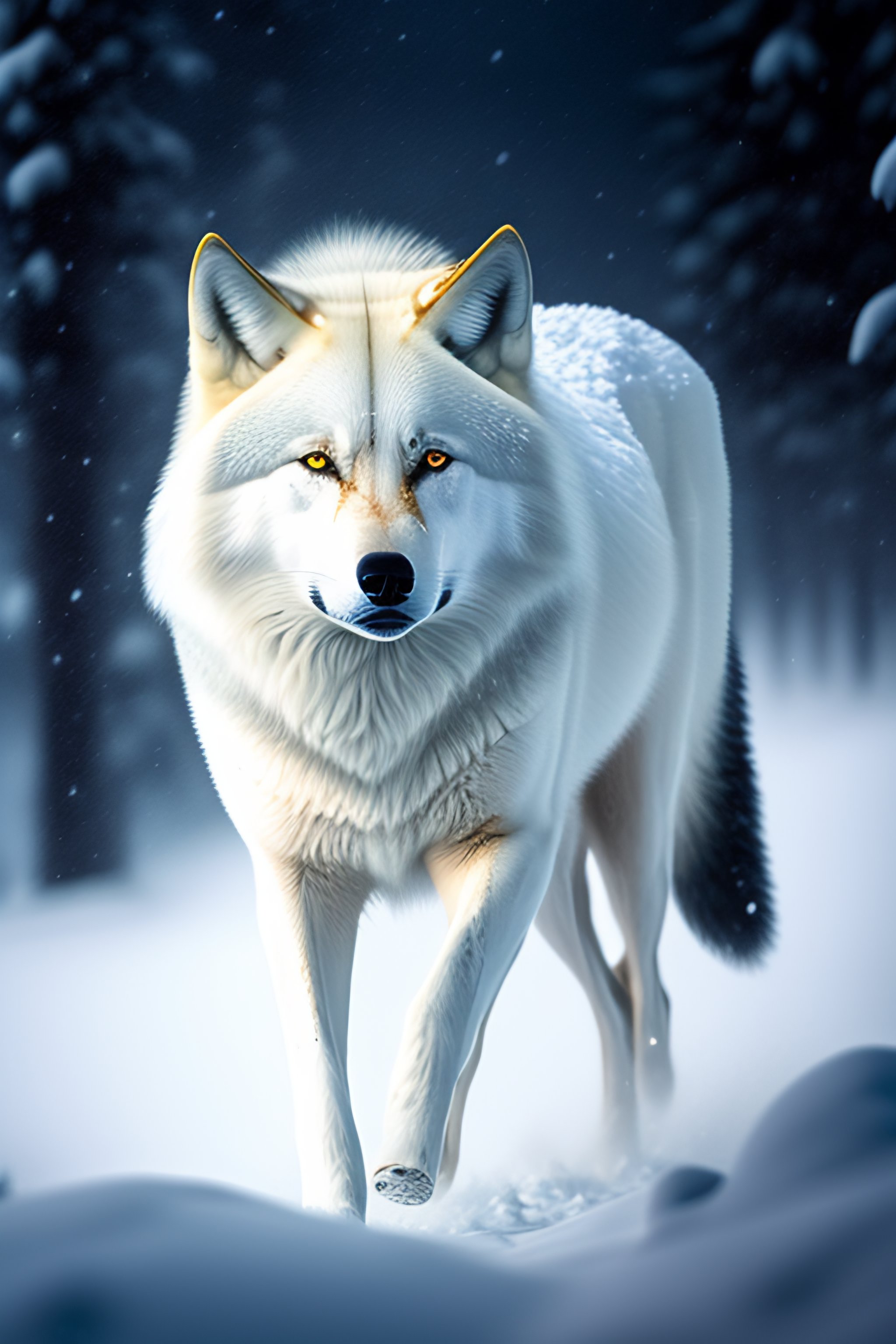 Lexica - White wolf walking slowly through blizzard at night
