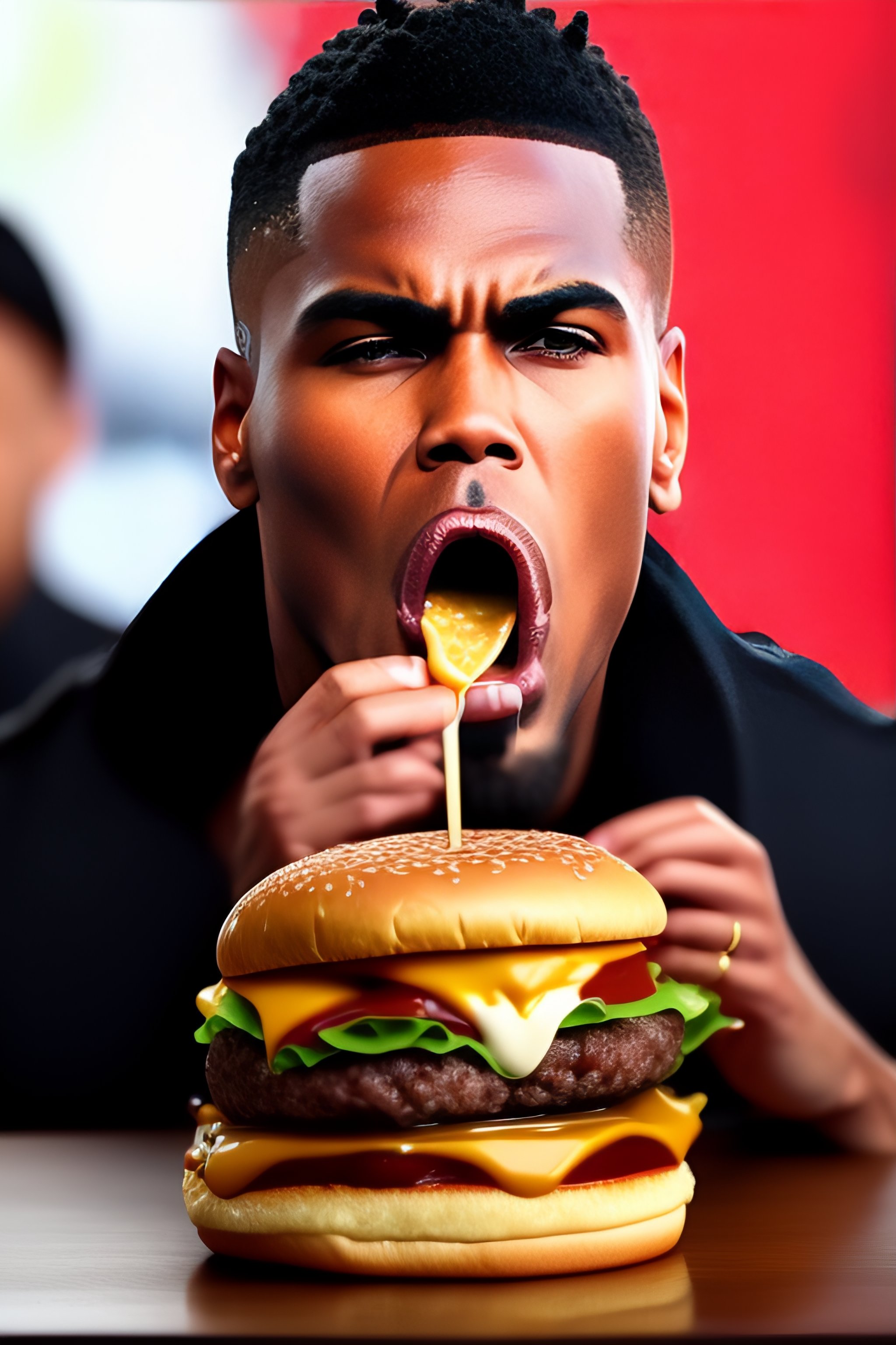 Lexica - He is eating a burger. he is eating it with his hands. he is ...