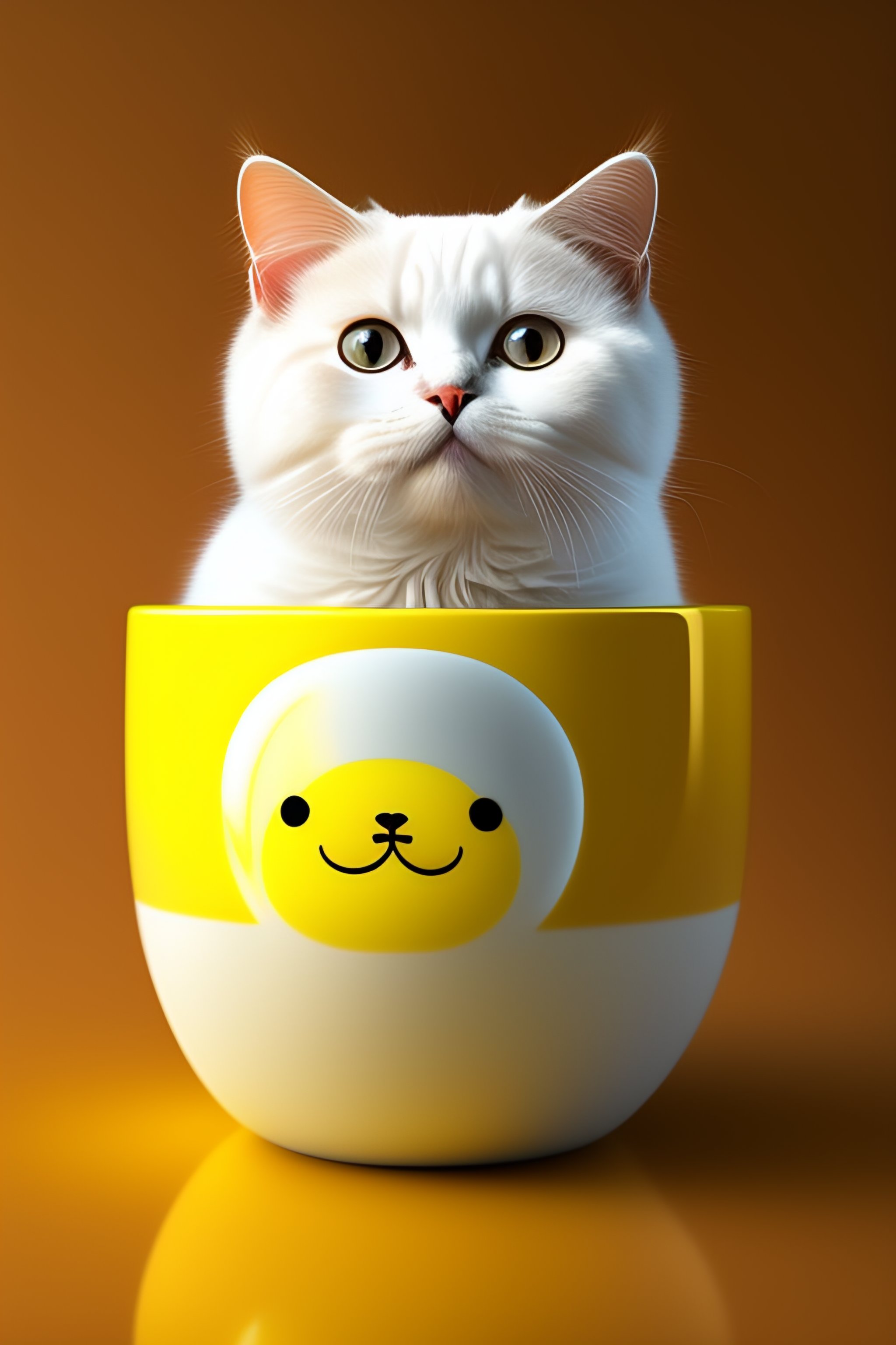 Lexica - A small white cat sitting in a yellow cup, a computer ...