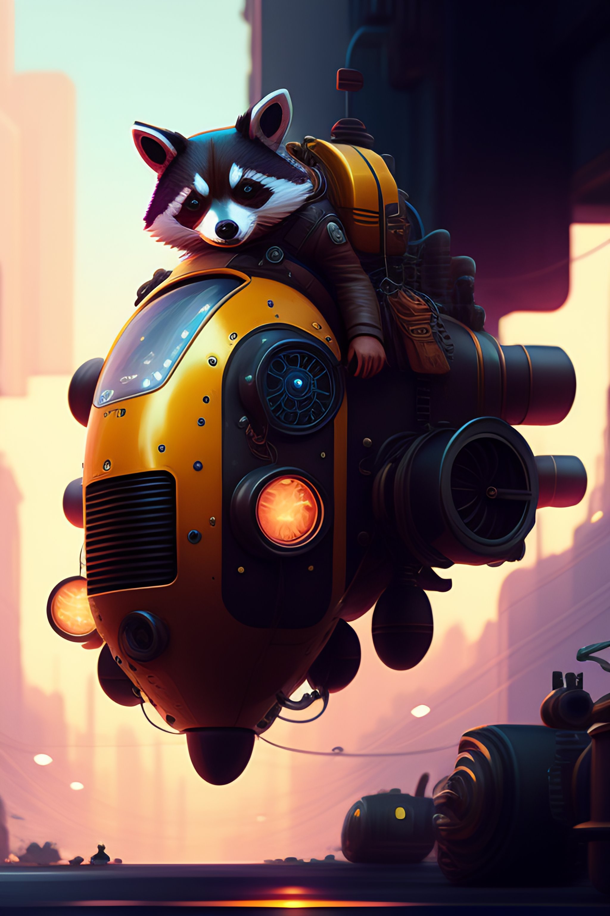 Lexica - A steampunk-cyberpunk racoon driving a Jetpack, highly ...