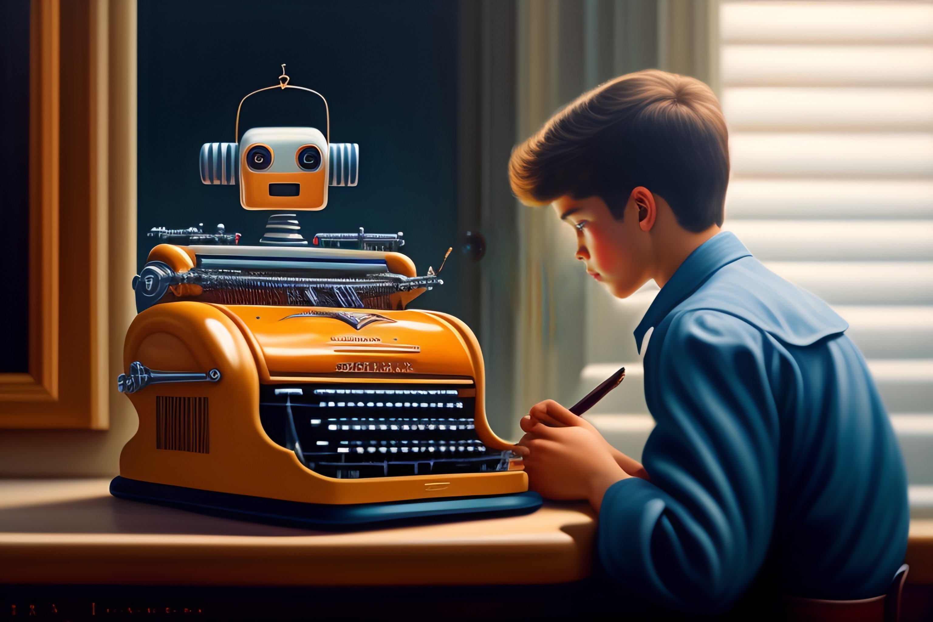 Lexica - Oil painting of a young man, a robot, and a typewriter.