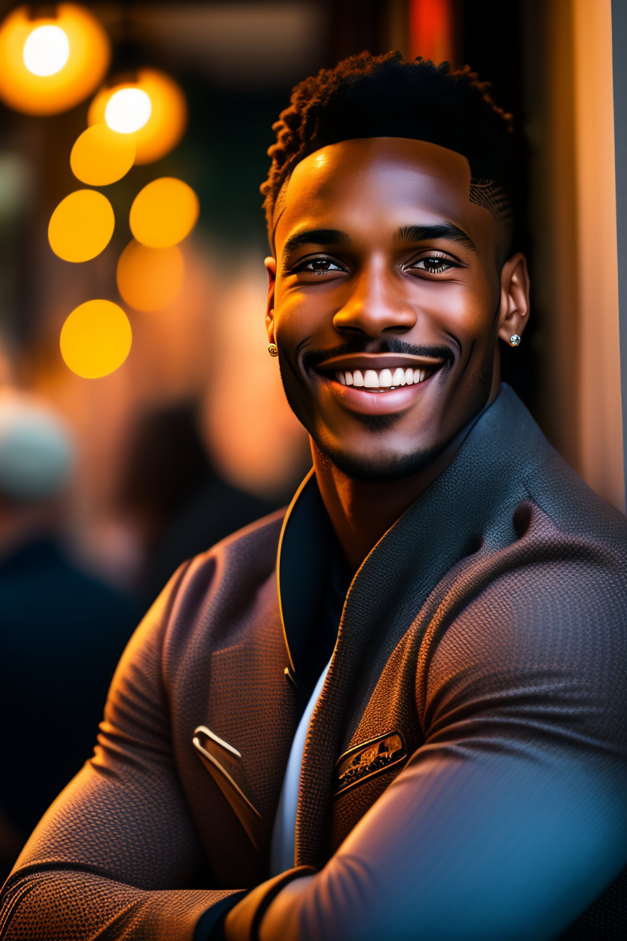 Lexica - A young black man, smiling, sitting outside restaurant, brown ...