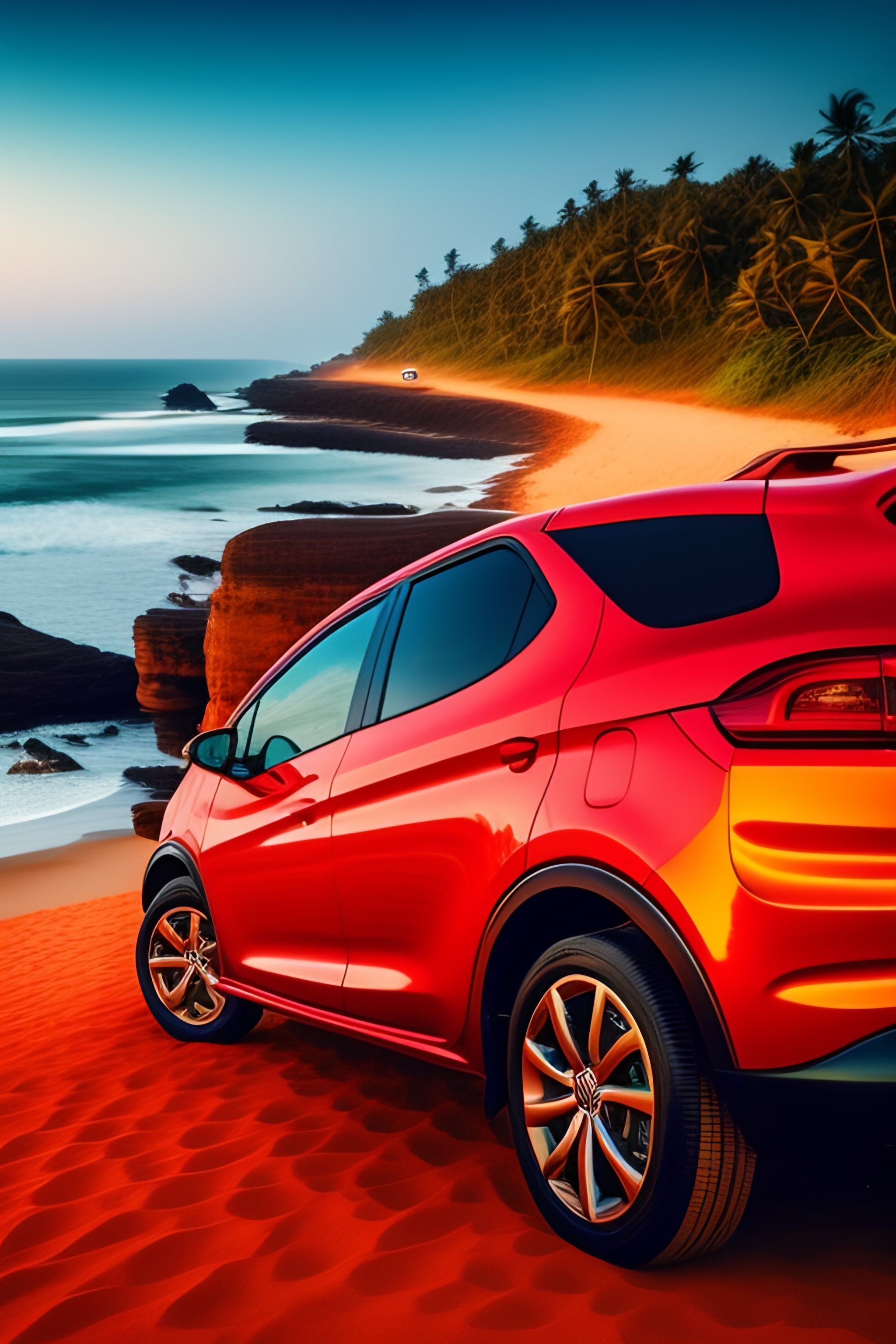 Lexica - Indian guy travelling in goa in a red car near beach