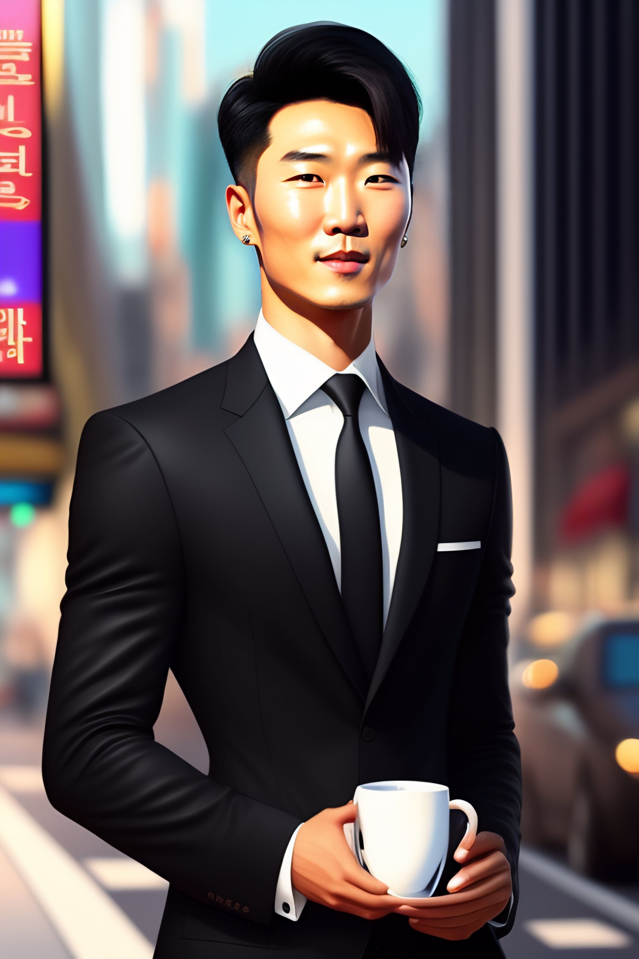 Lexica - Korean cartoon style, a sharp-eyed Korean man in a black coat ...