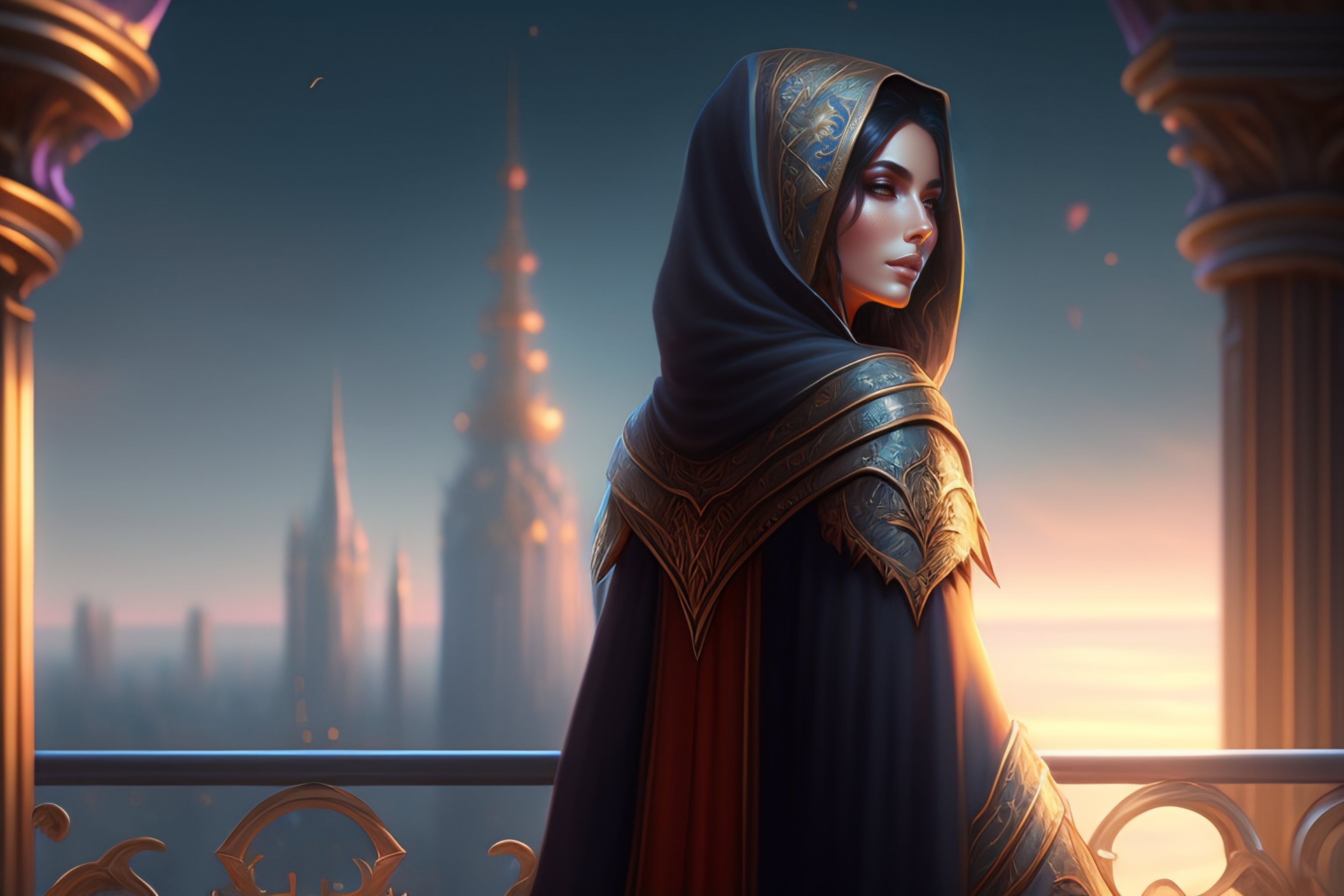 Lexica - Beautiful necromancer standing on a balcony the city below is ...